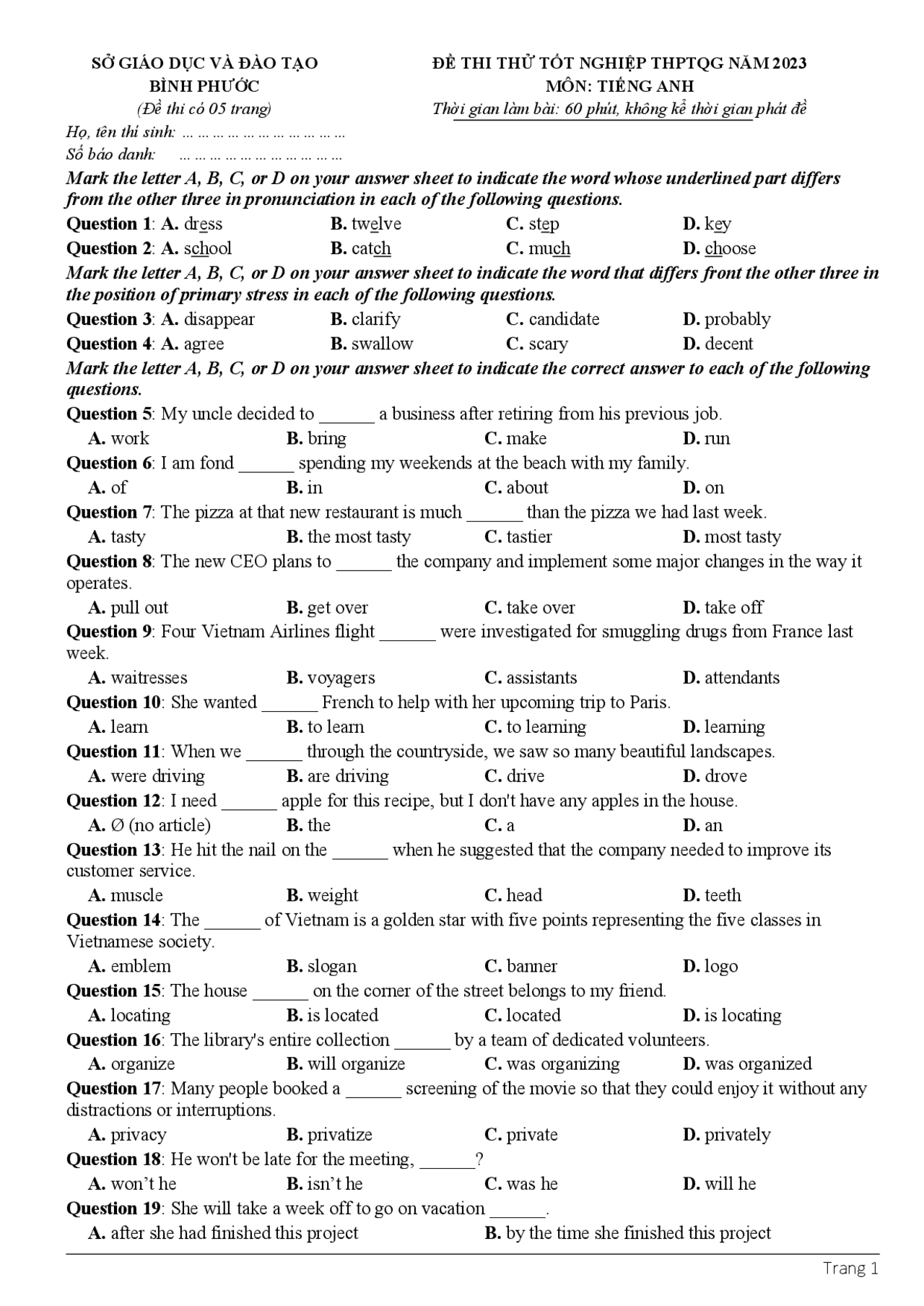 Đề Thi Thử Tốt Nghiệp Trung Học Phổ Thông Năm Học 2023 Cheat Sheet