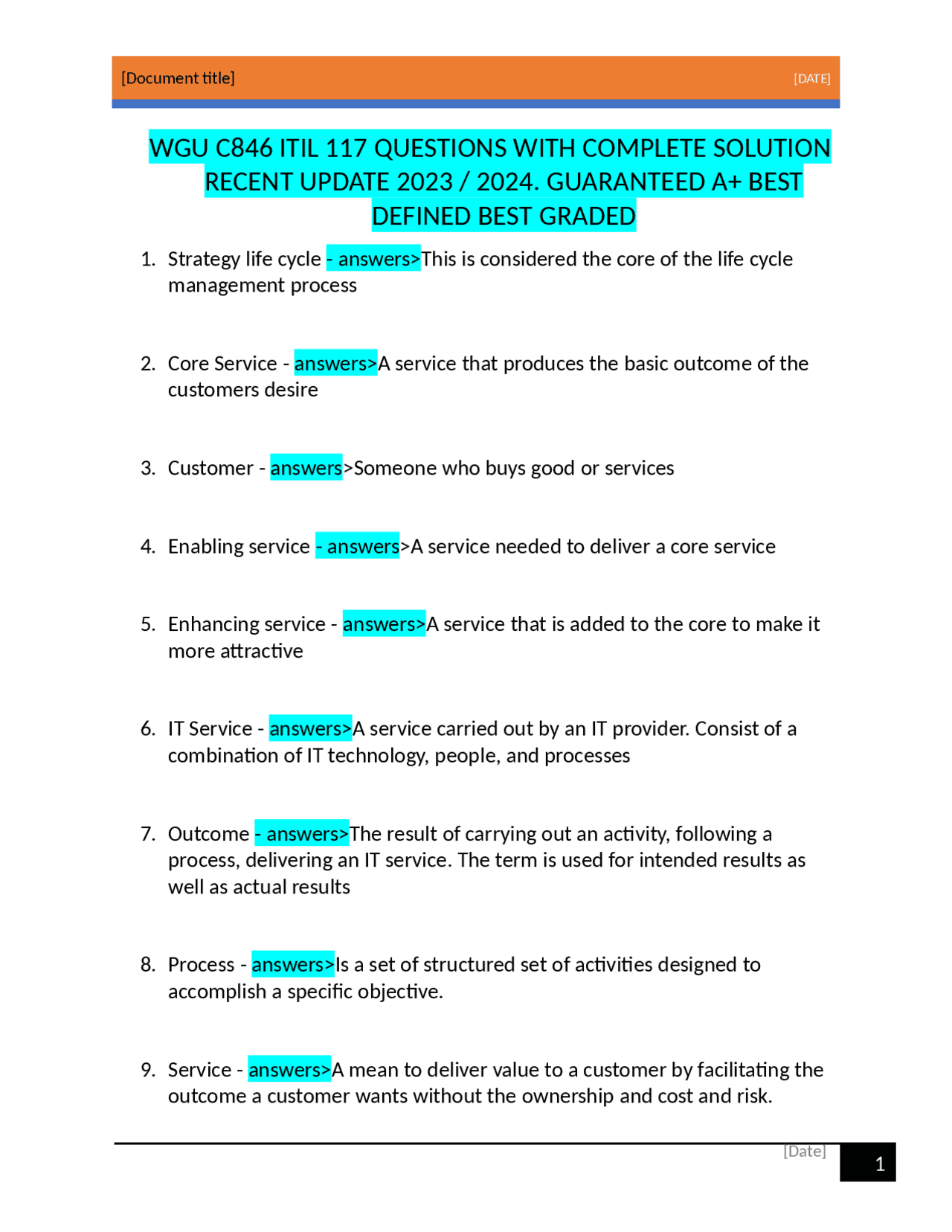 WGU C846 ITIL 117 QUESTIONS WITH COMPLETE SOLUTION RECENT UPDATE 2023 / 2024. GUARANTEED A ...