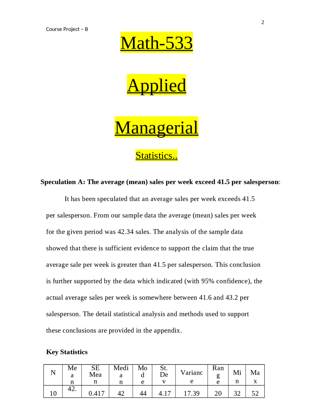 Math-533 Applied Managerial Statistics.. | Exams Applied Mathematics | Docsity