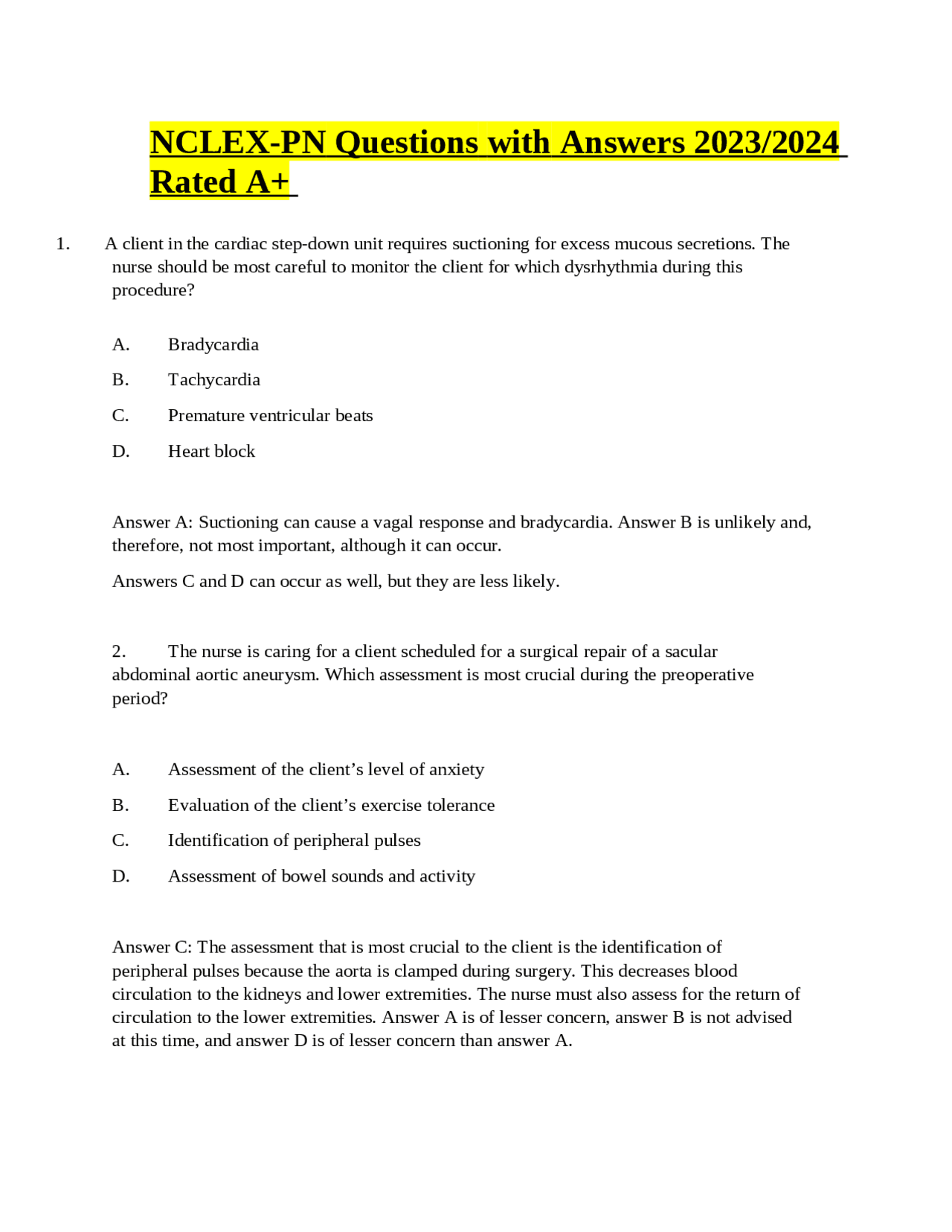 NCLEX-PN Questions with Answers 2023/2024 Rated A+ | Exams Nursing ...