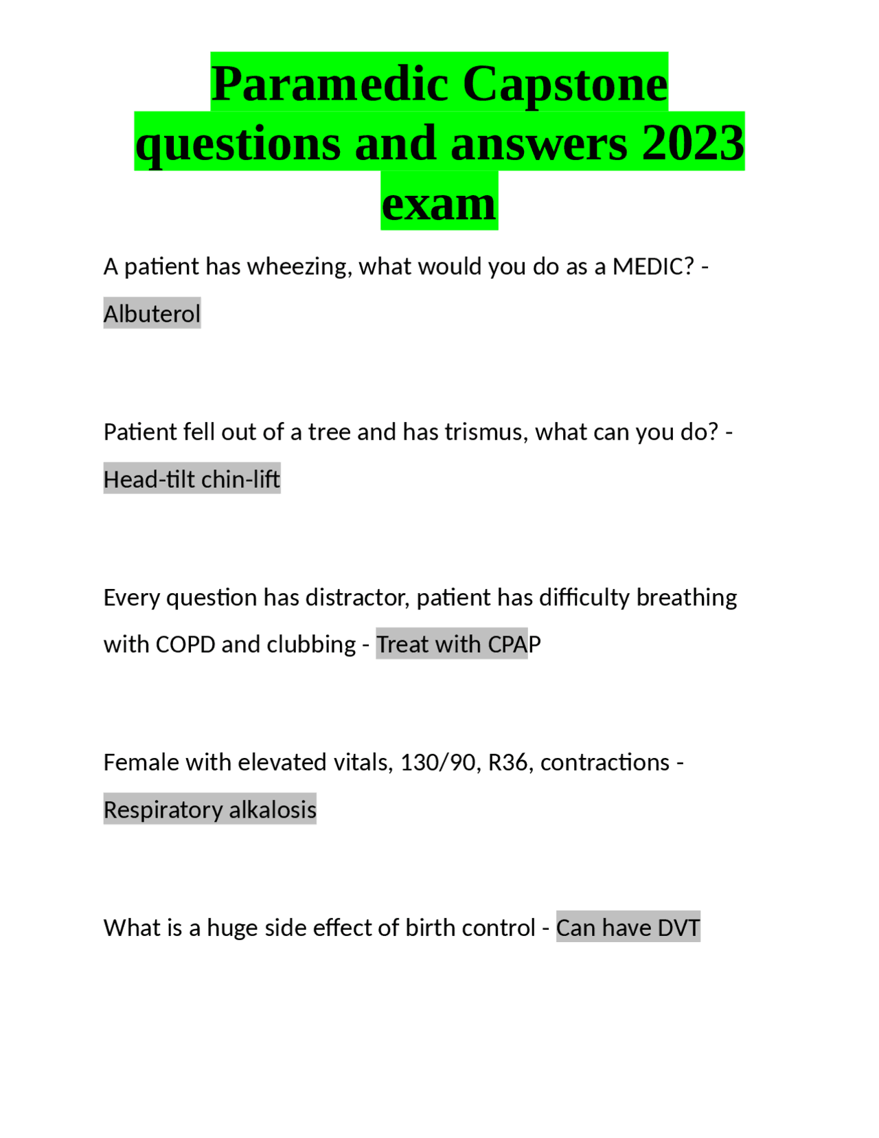 Paramedic Capstone questions and answers 2023 exam | Exams Nursing ...