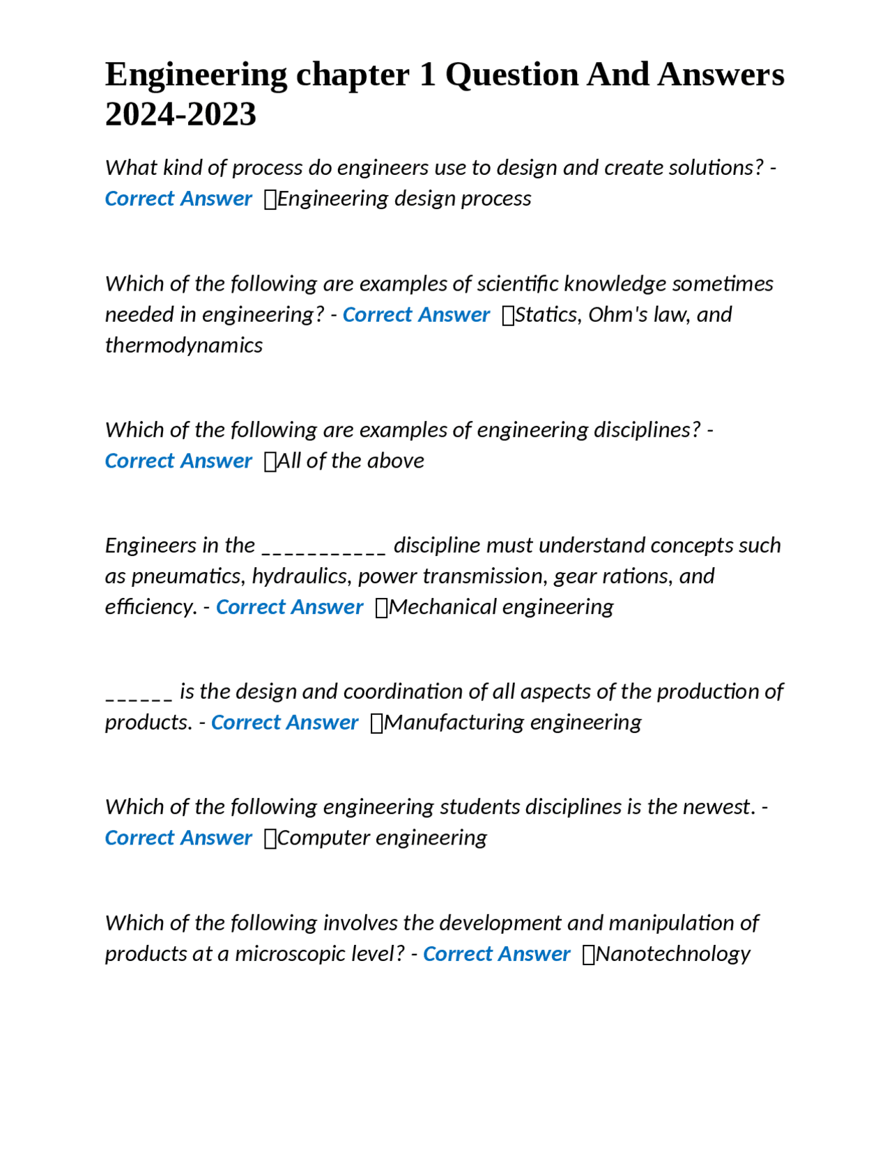 Engineering chapter 1 Question And Answers 2024-2023 | Exams Nursing ...