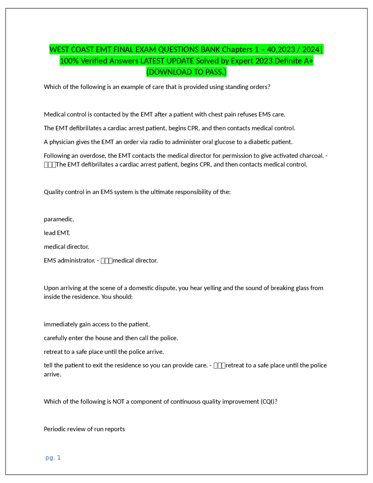 WEST COAST EMT FINAL EXAM QUESTIONS BANK Chapters 1 – 40,2023 / 2024 ...