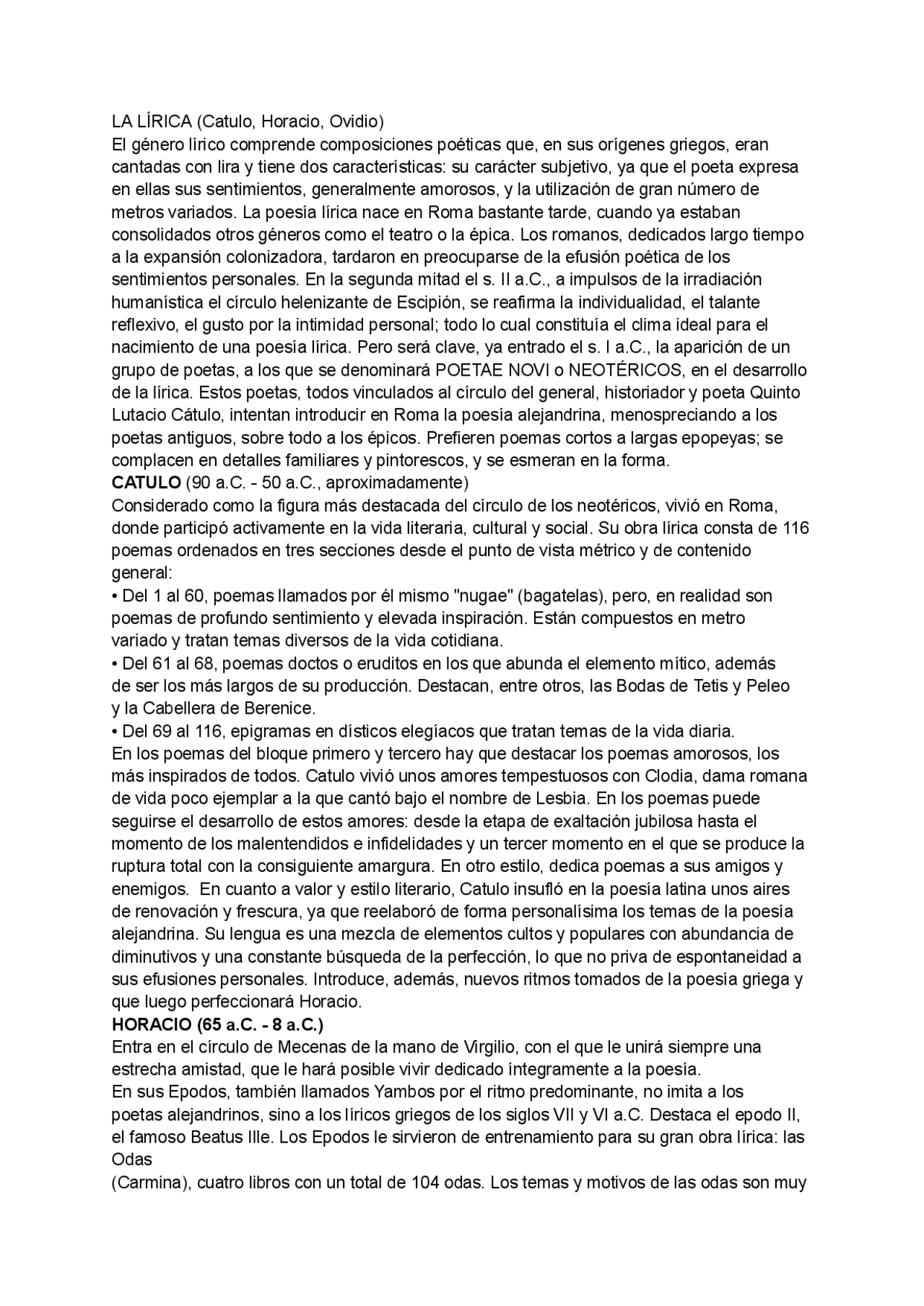 La lírica romana: Catulo, Horacio y Ovidio | Resúmenes de Latín | Docsity