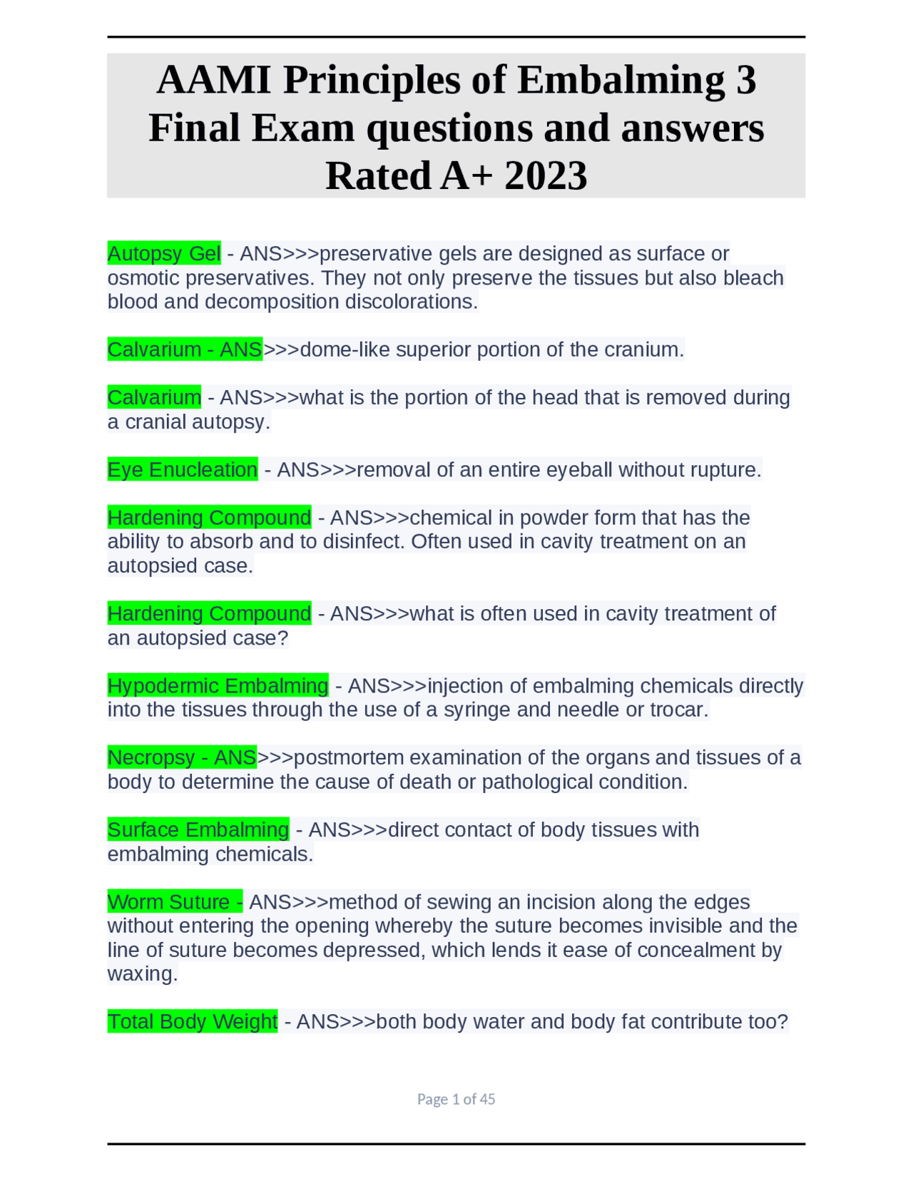 AAMI Principles of Embalming 3 Final Exam questions and answers Rated ...