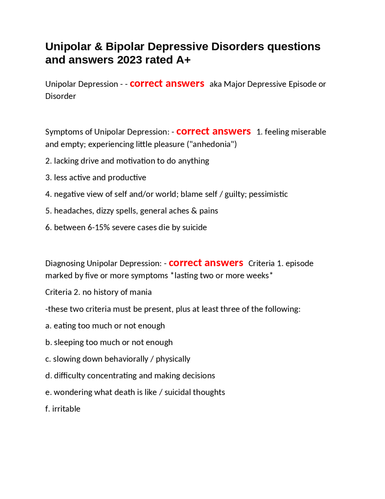 Unipolar & Bipolar Depressive Disorders questions and answers 2023 ...