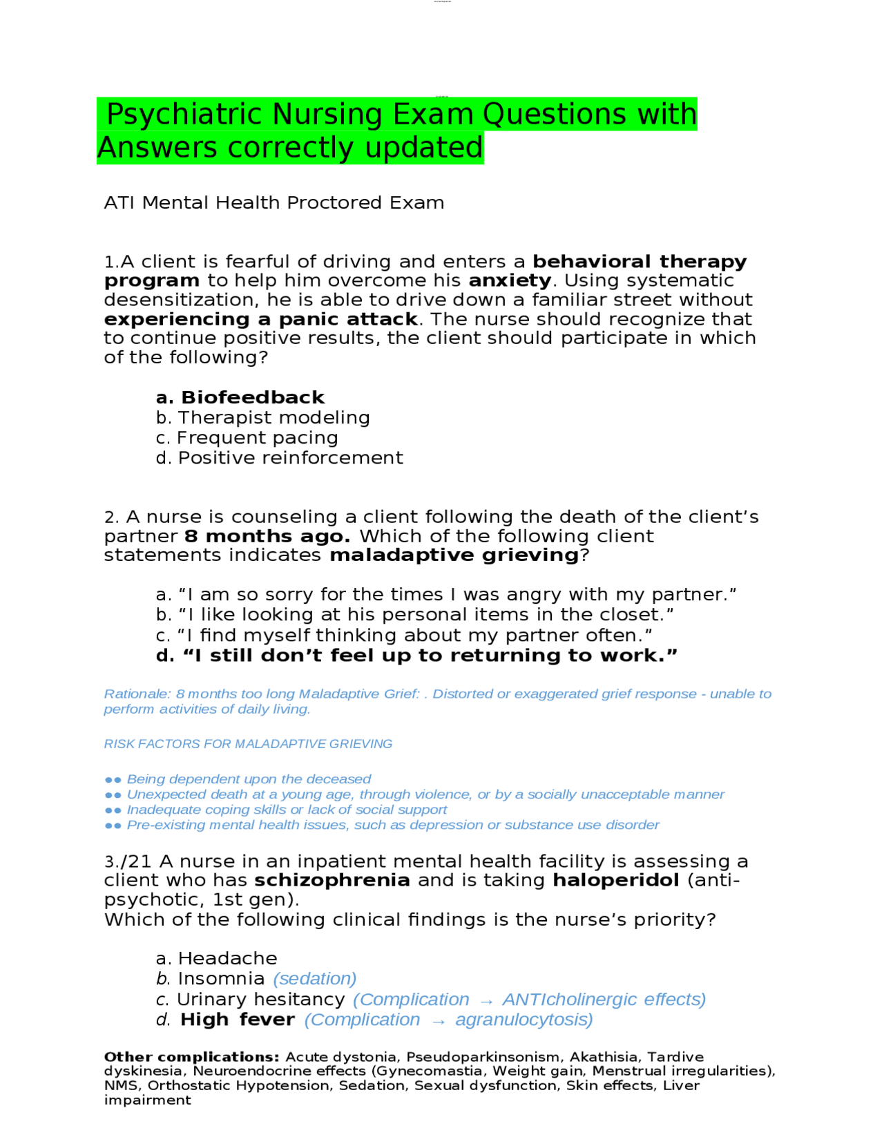 Psychiatric Nursing Exam Questions with Answers | Exams Nursing | Docsity