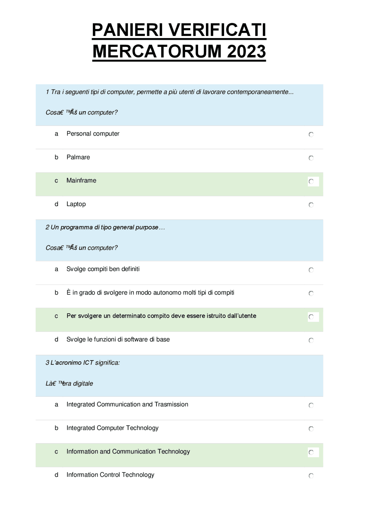 2023 Paniere Completo ABILITA' INFORMATICHE SERVIZI GIURIDICI Università Mercatorum AGGIOR ...