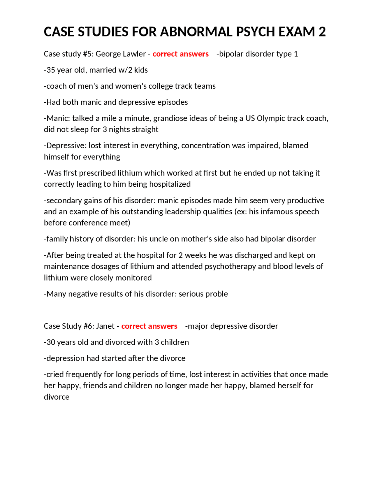 CASE STUDIES FOR ABNORMAL PSYCH EXAM 2 | Exams Nursing | Docsity