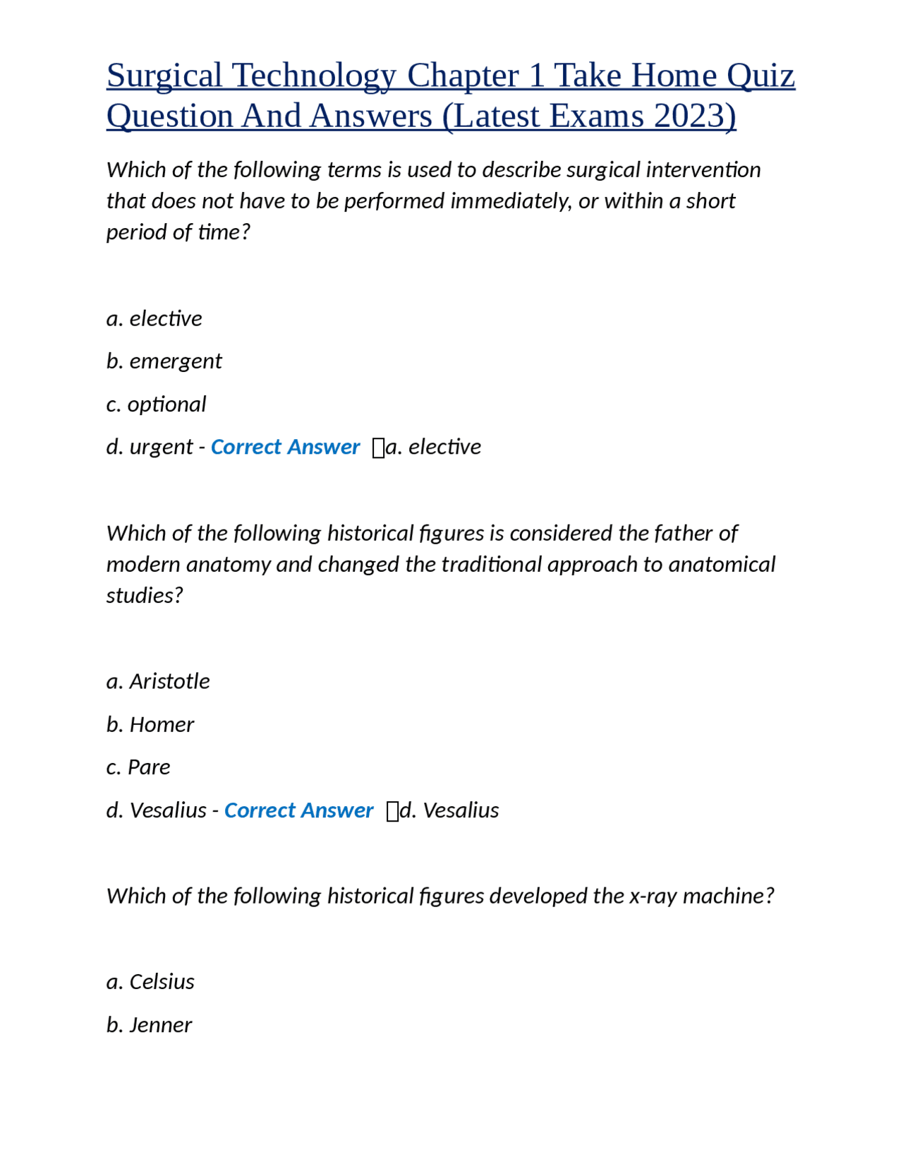 Surgical Technology Chapter 1 Take Home Quiz Question And Answers ...