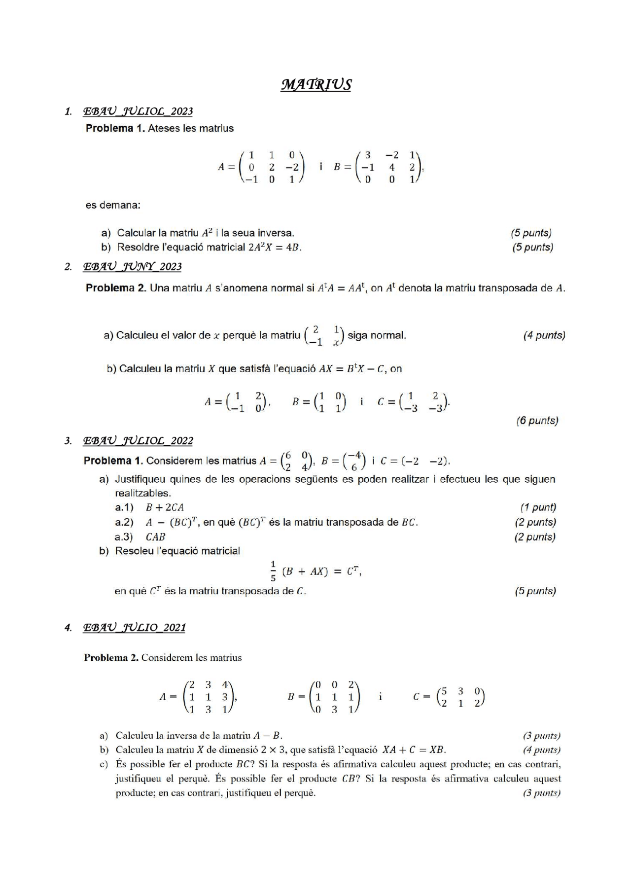 Trata Sobre El Tema De Matrices Ejercicios De Diferentes Evaus De Años