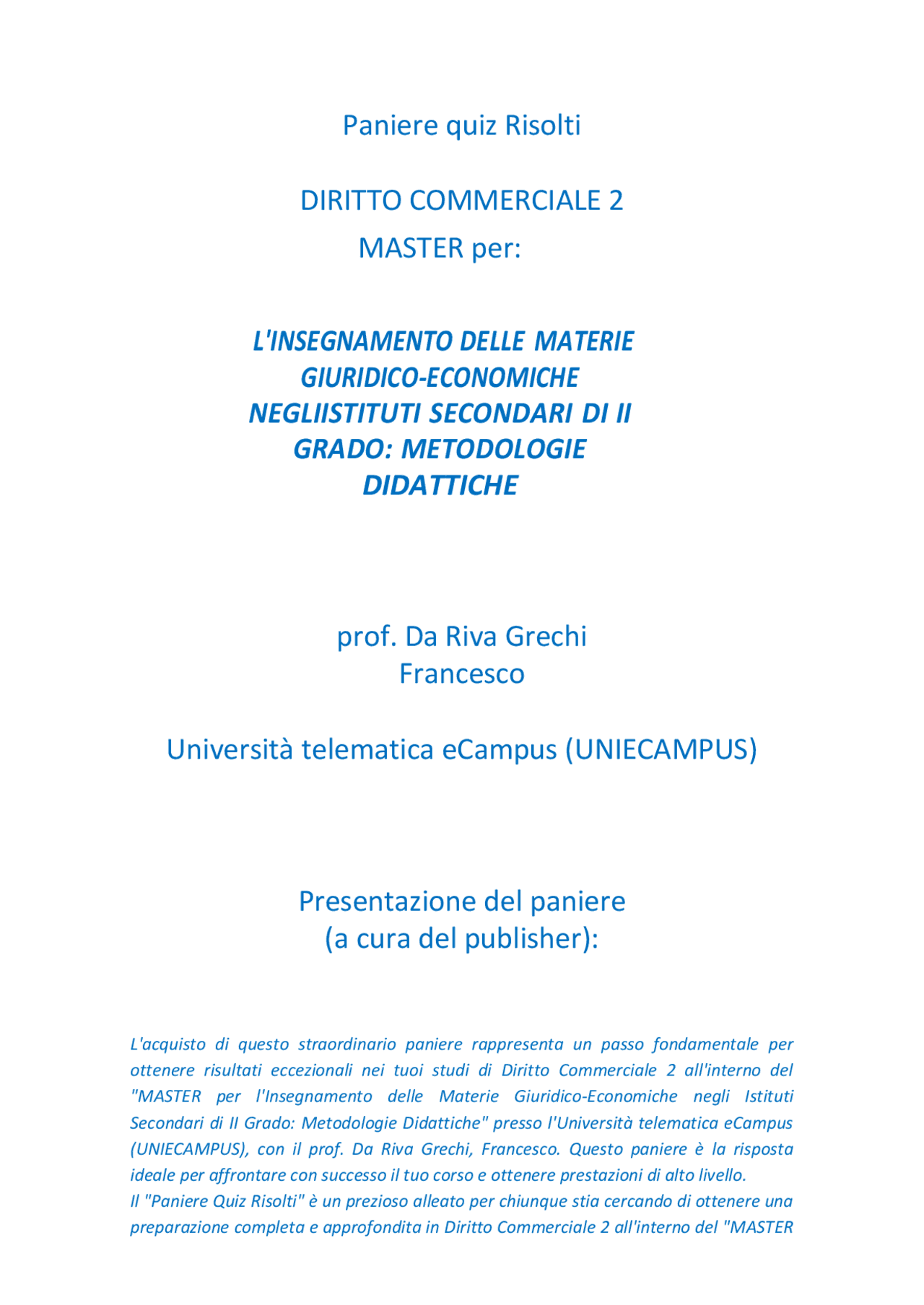 Paniere Diritto Commerciale 2 prof. Da Riva Grechi- MASTER | Panieri di Diritto Commerciale ...