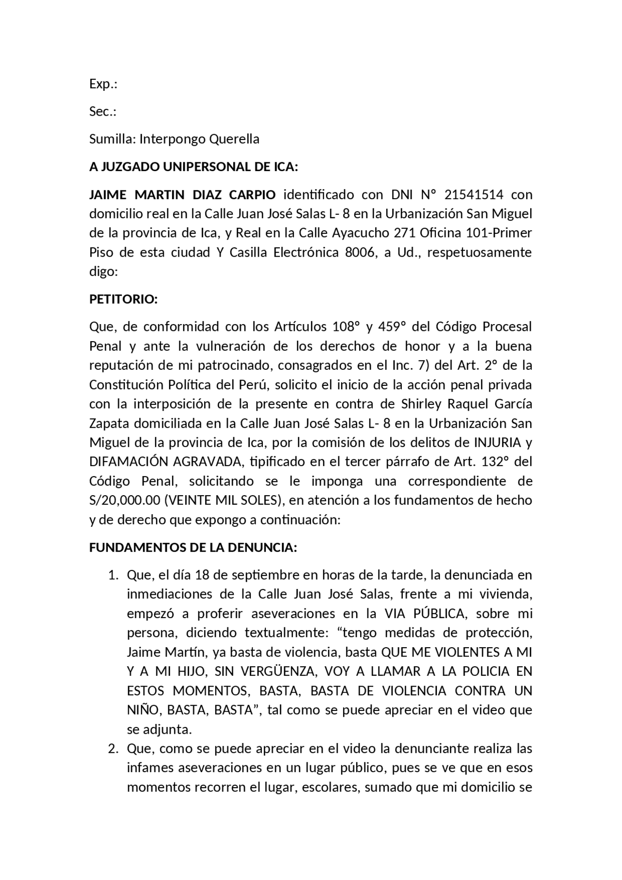 Modelo querella Derecho Penal | Apuntes de Derecho | Docsity