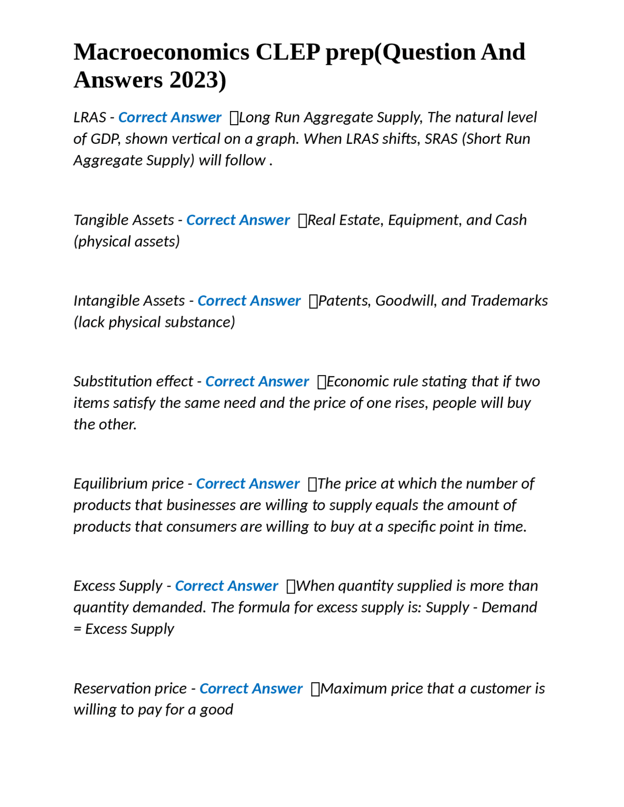 Macroeconomics CLEP prep(Question And Answers 2023) | Exams Nursing | Docsity