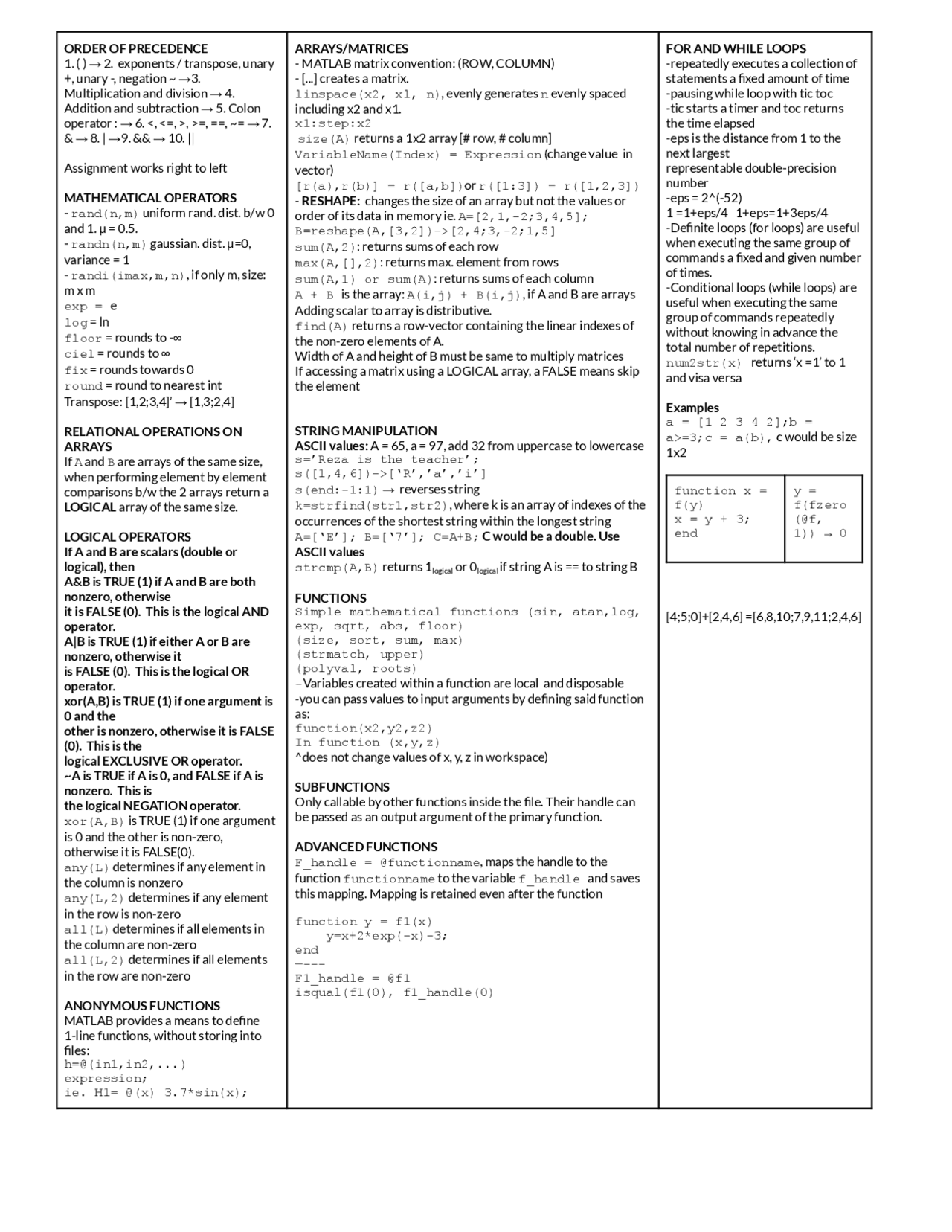 E7 Cheat Sheet spring 2023 | Cheat Sheet Matlab skills | Docsity