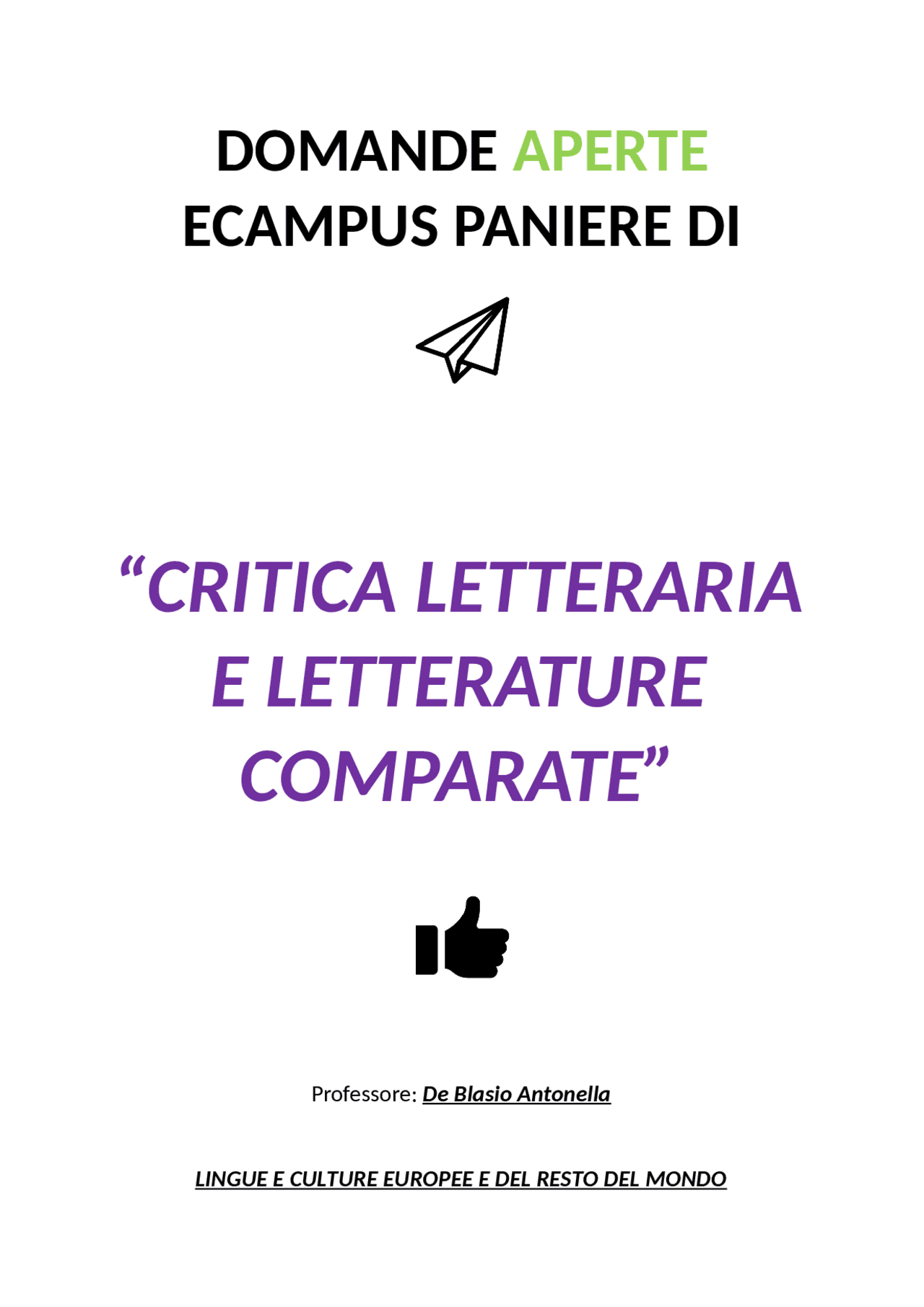 APERTE paniere di “CRITICA LETTERARIA E LETTERATURE COMPARATE” eCampus2024 (prof.De Blasio ...