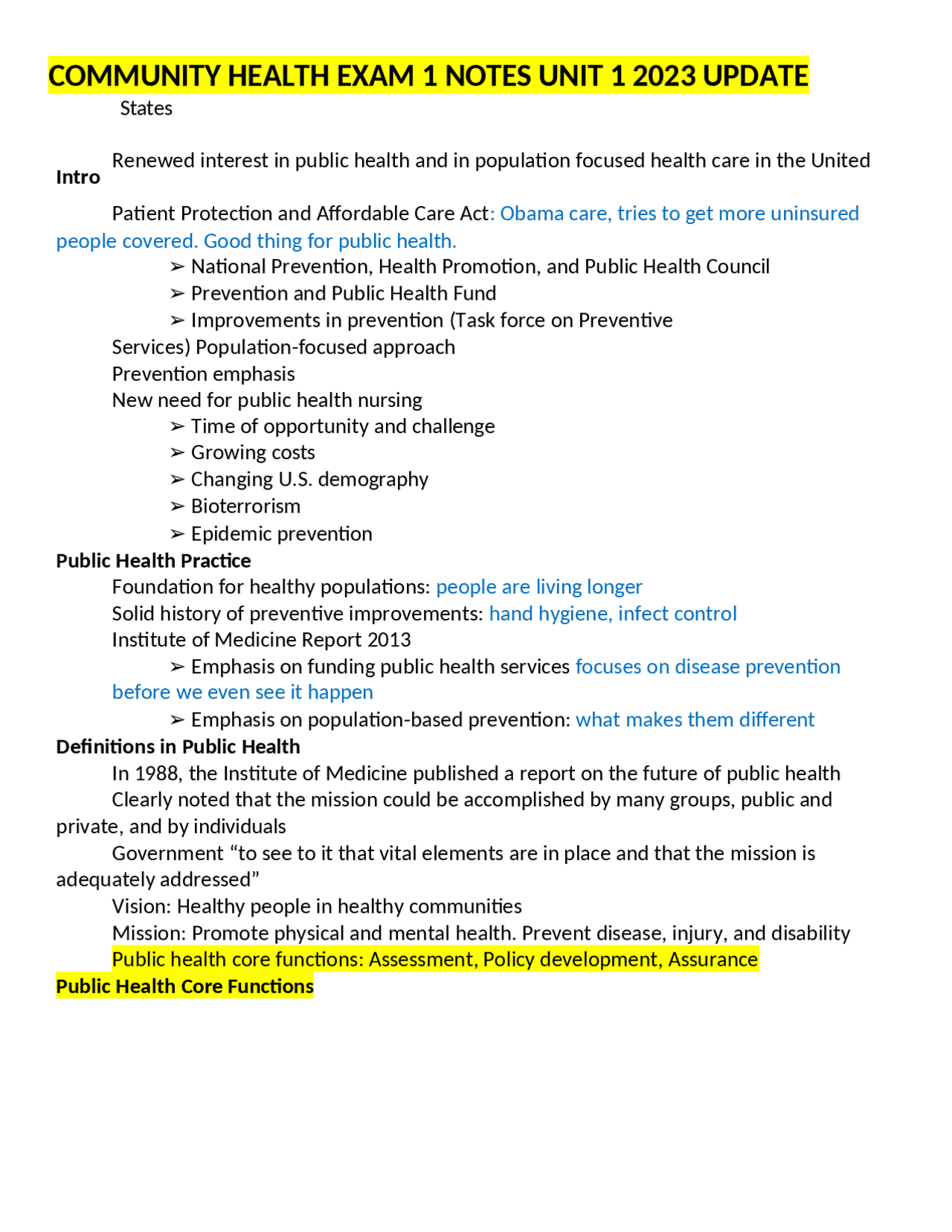 Community Health Exam 1 Notes Unit 1 2023 Update | Exams Nursing | Docsity