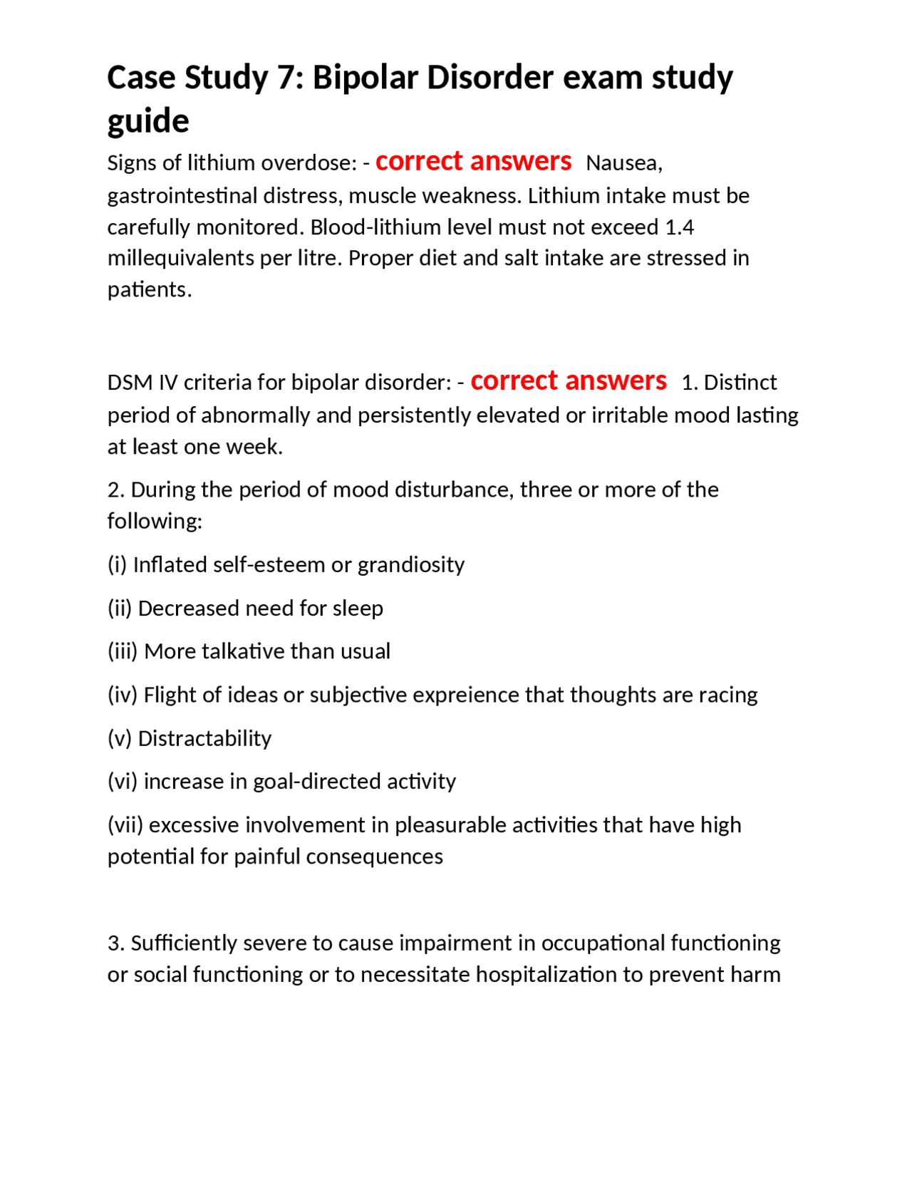 Case Study 7: Bipolar Disorder exam study guide | Exams Nursing | Docsity