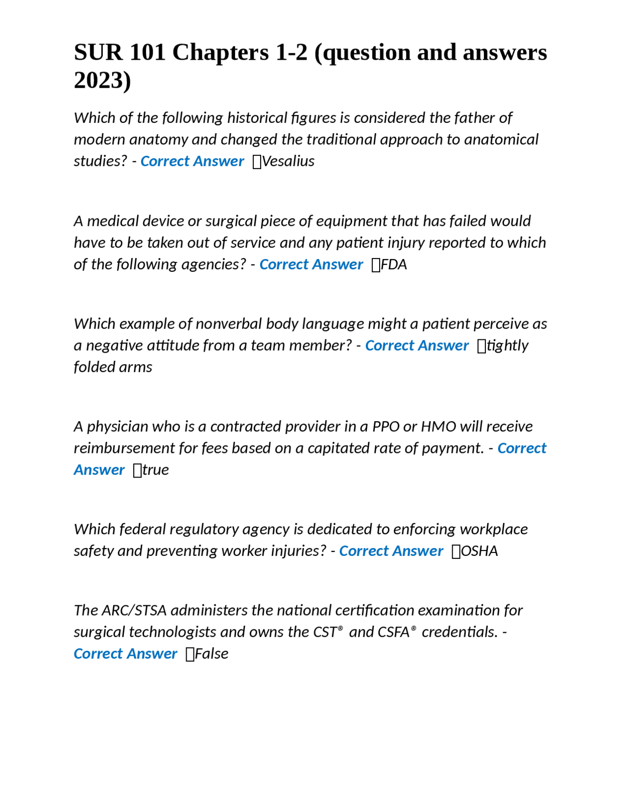 SUR 101 Chapters 1-2 (question and answers 2023) | Exams Nursing | Docsity