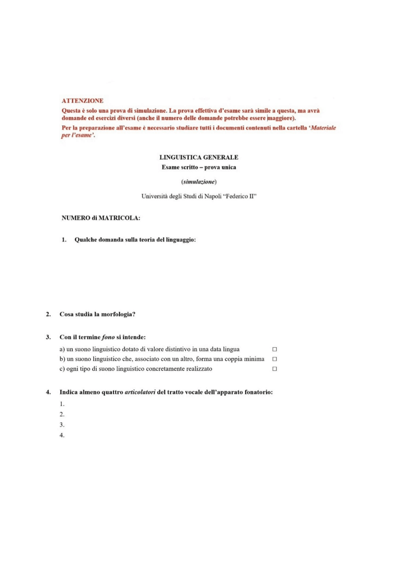 Simulazione X Esame Di Linguistica Generale Prove Desame Di