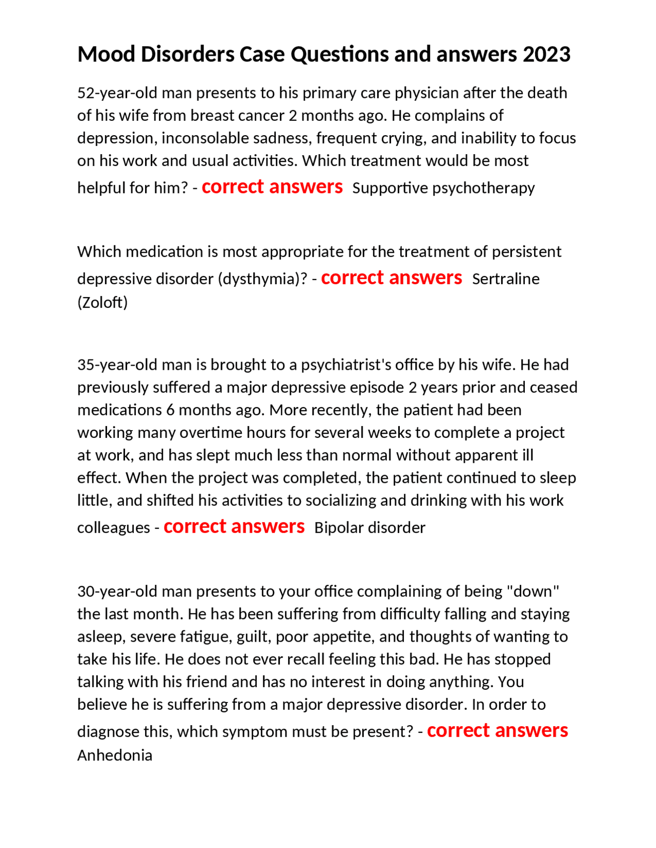 Mood Disorders Case Questions And Answers 2023 Exams Nursing Docsity