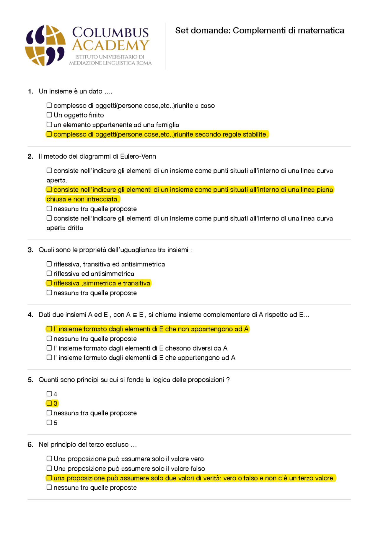 Complementi Di Matematica Test Dammissione Di Complementi Di