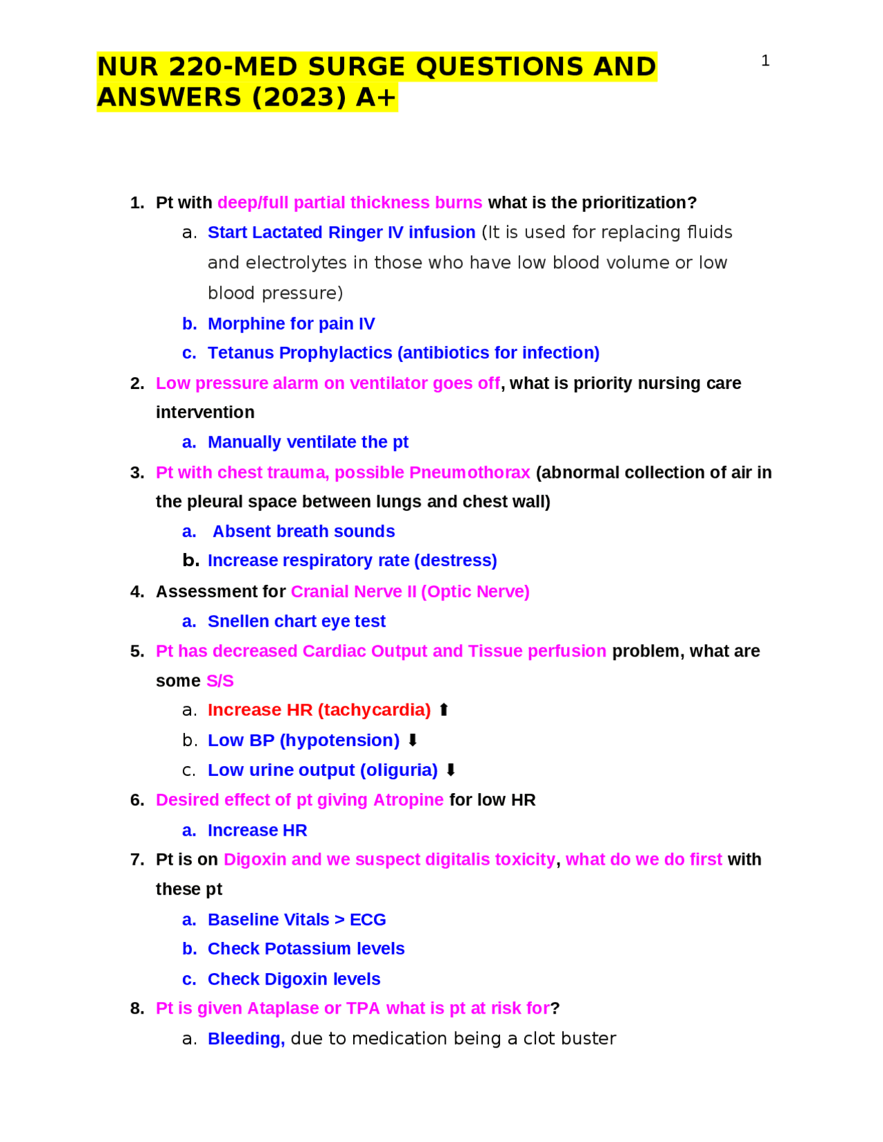 Nur 220 Med Surge Questions And Answers 2023 A Exams Nursing Docsity