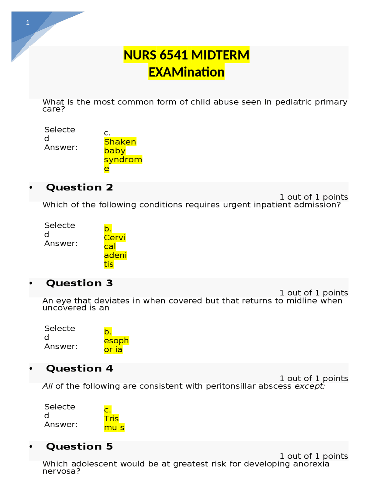 Nurs 6541 Midterm Examination Exams Nursing Docsity