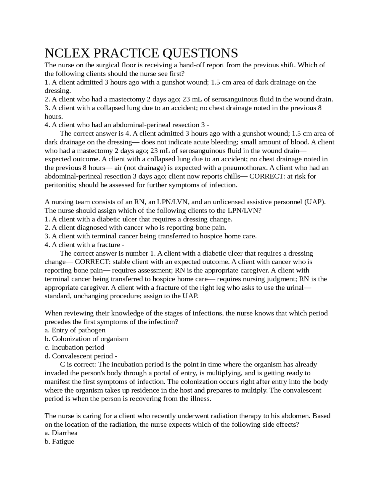 nclex practice questions | Exams Nursing | Docsity