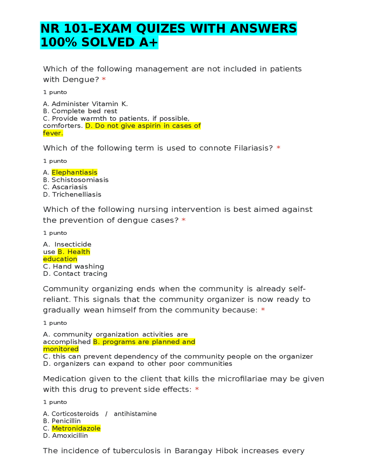 NR 101-Exam Quizzes with Answers 100% Solved A+ | Exams Nursing | Docsity