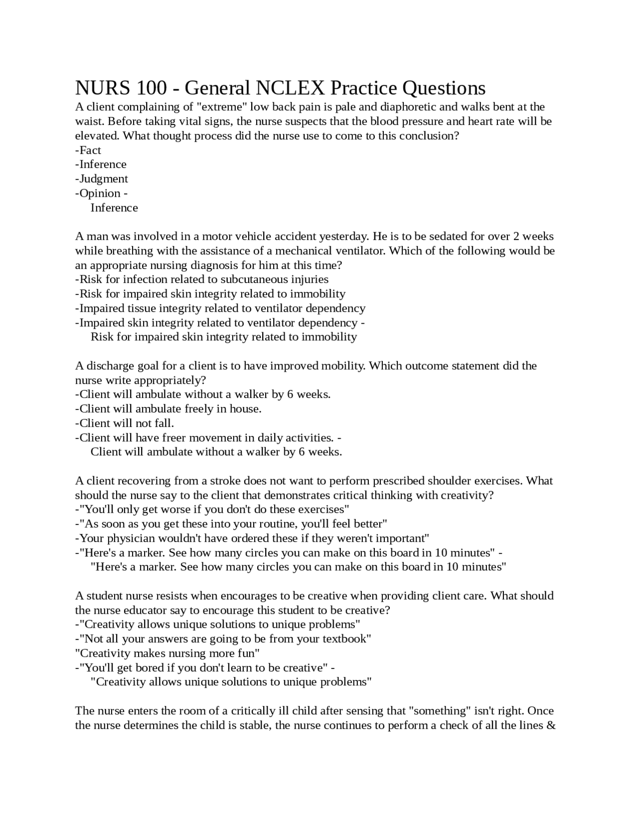 NURS 100 - General NCLEX Practice Questions | Exams Nursing | Docsity