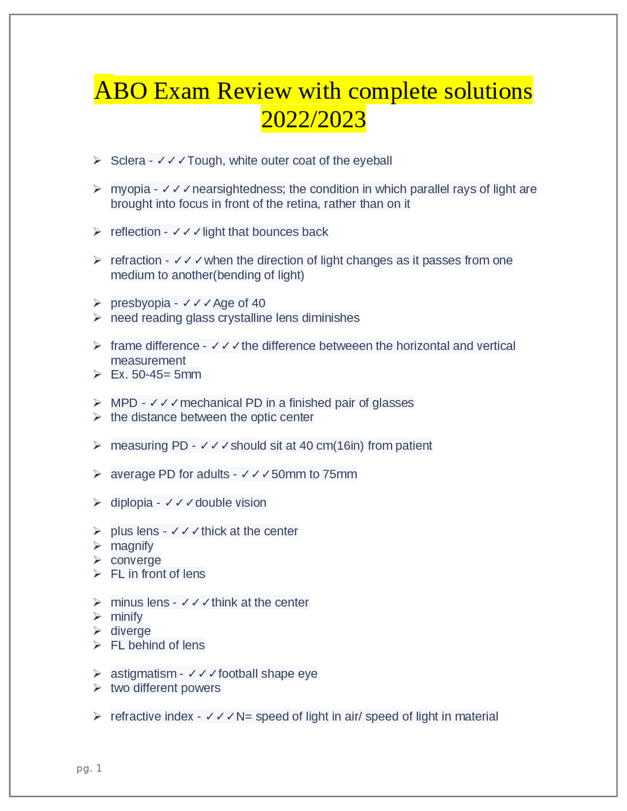 ABO Exam Review with complete solutions 2022/2023 | Exams Physics | Docsity