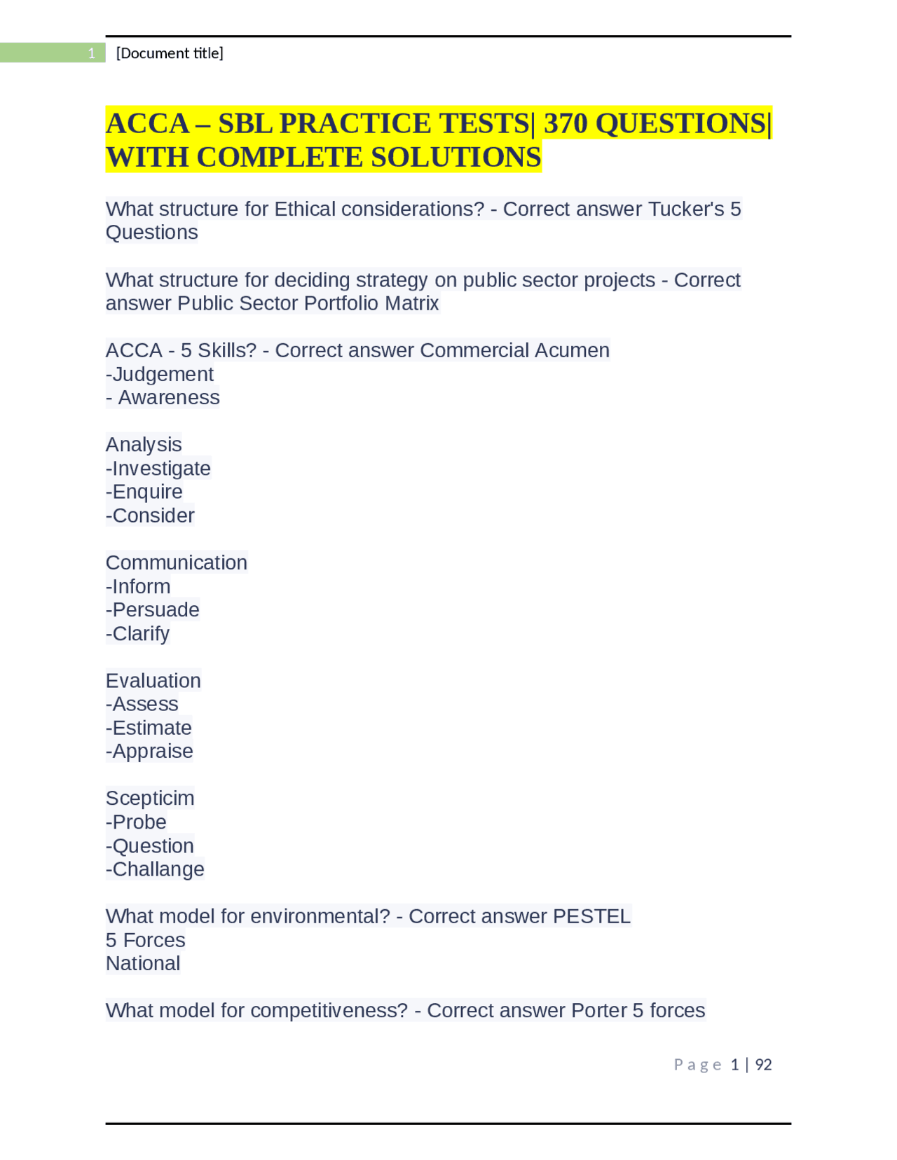 ACCA – SBL PRACTICE TESTS| 370 QUESTIONS| WITH COMPLETE SOLUTIONS ...