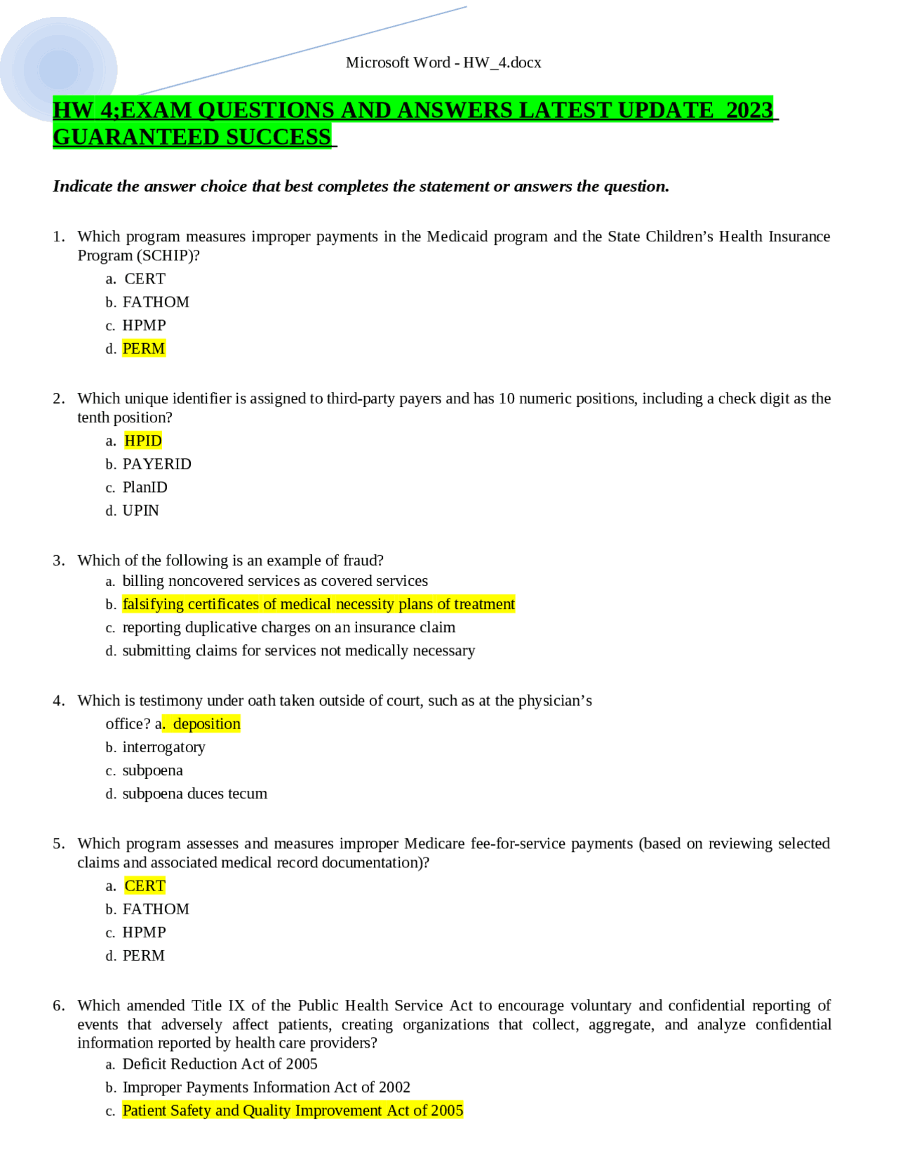 HW 4;EXAM QUESTIONS AND ANSWERS LATEST UPDATE 2023 GUARANTEED SUCCESS ...