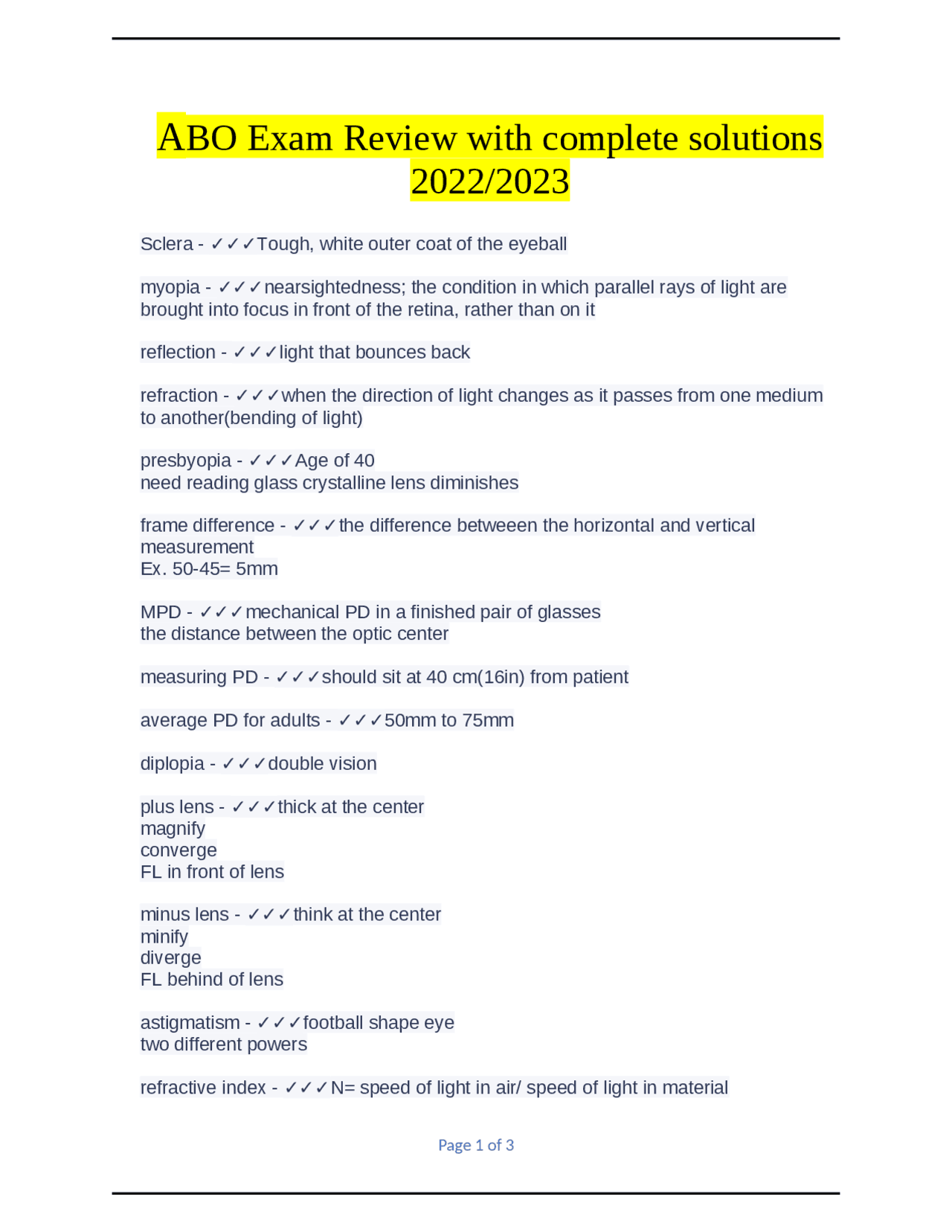 ABO Exam Review with complete solutions 2022/2023 | Exams Physics | Docsity