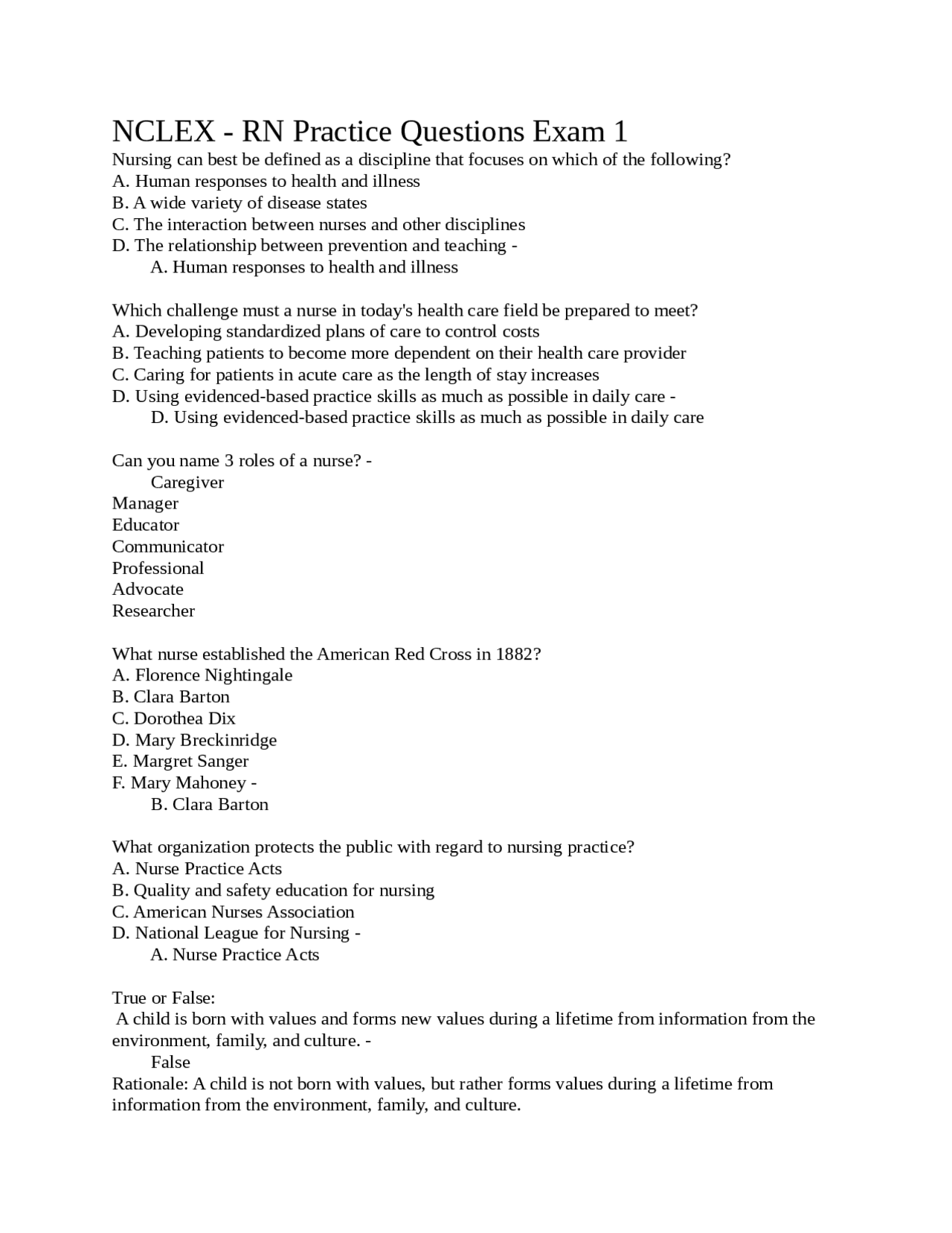 NCLEX - RN Practice Questions Exam 1 | Exams Nursing | Docsity