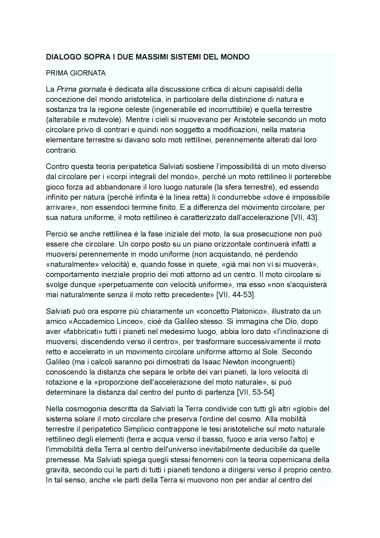 Riassunto Prima Giornata Dialogo Sopra I Due Massimi Sistemi Del Mondo