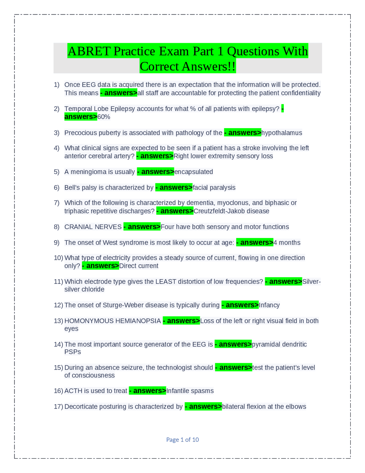 ABRET Practice Exam Part 1 Questions With Correct Answers!! | Exams ...