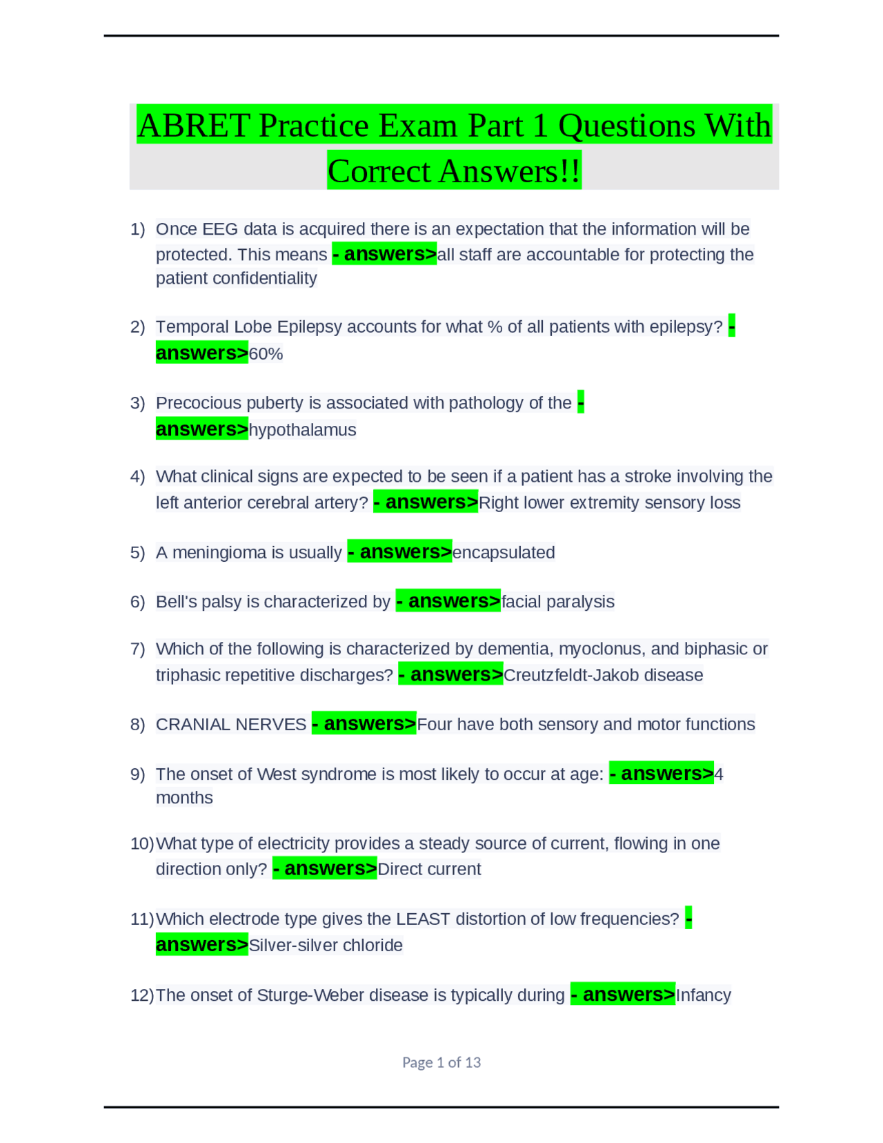 ABRET Practice Exam Part 1 Questions With Correct Answers!! | Exams ...