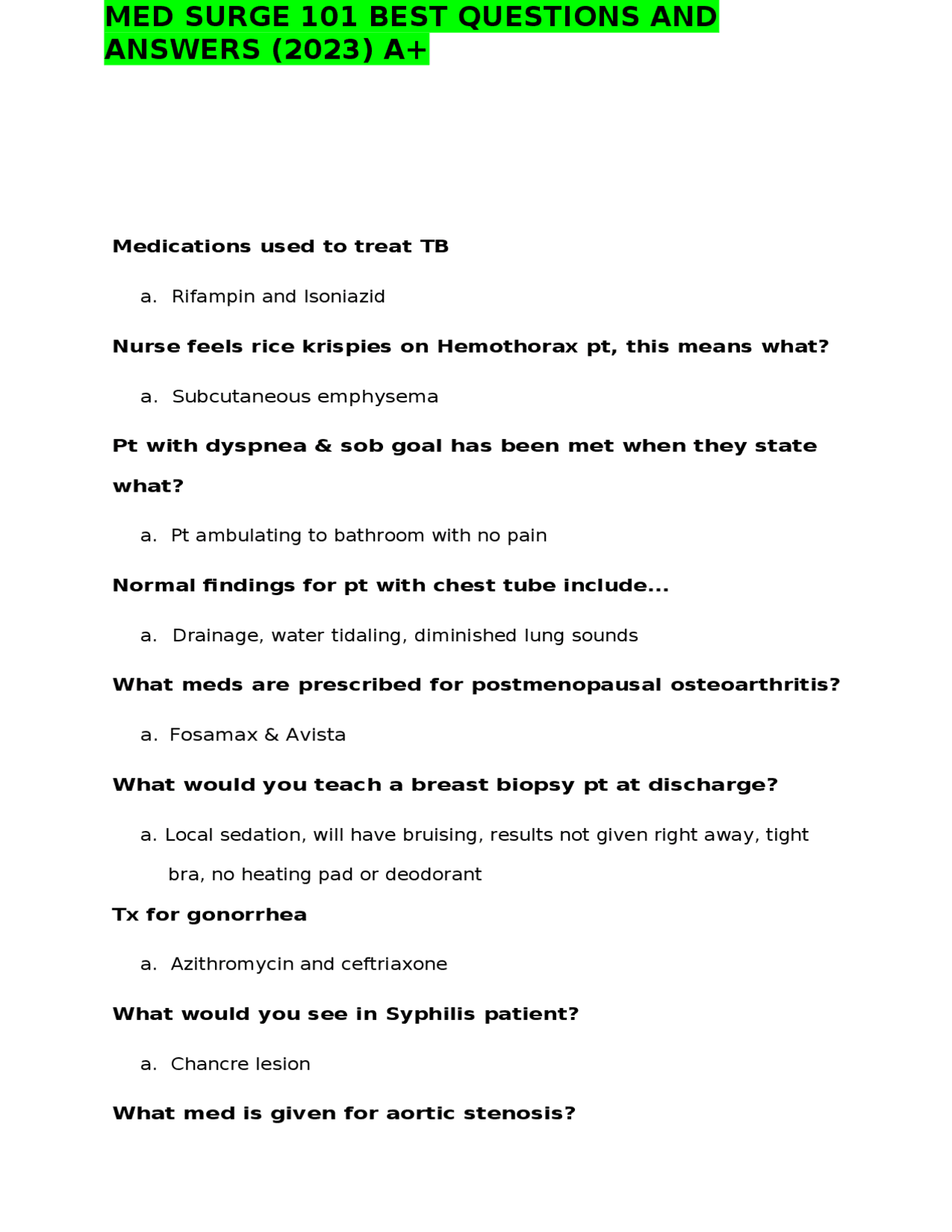 Med Surge 101 Best Questions And Answers 2023 A Exams Nursing