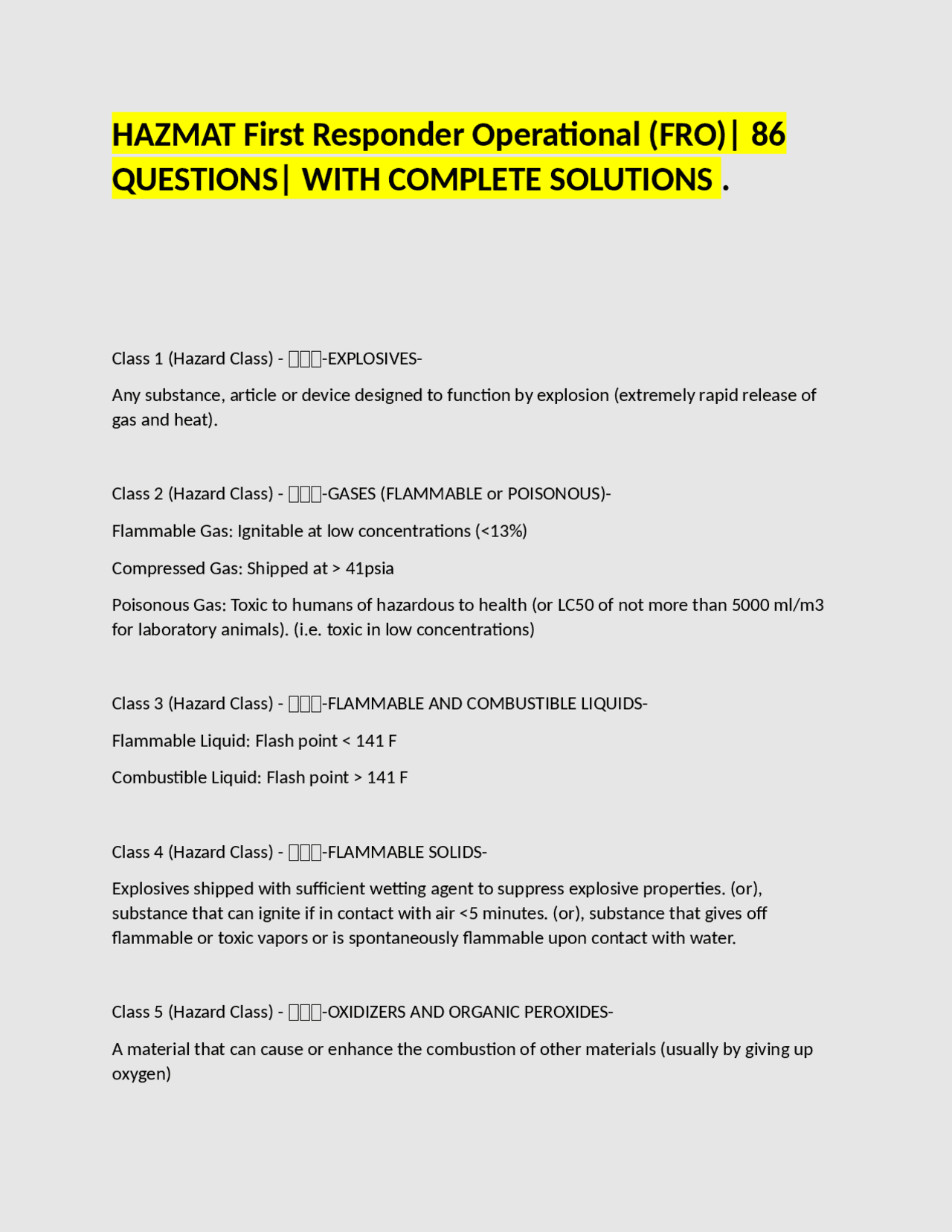 HAZMAT First Responder Operational (FRO)| 86 QUESTIONS| WITH COMPLETE ...