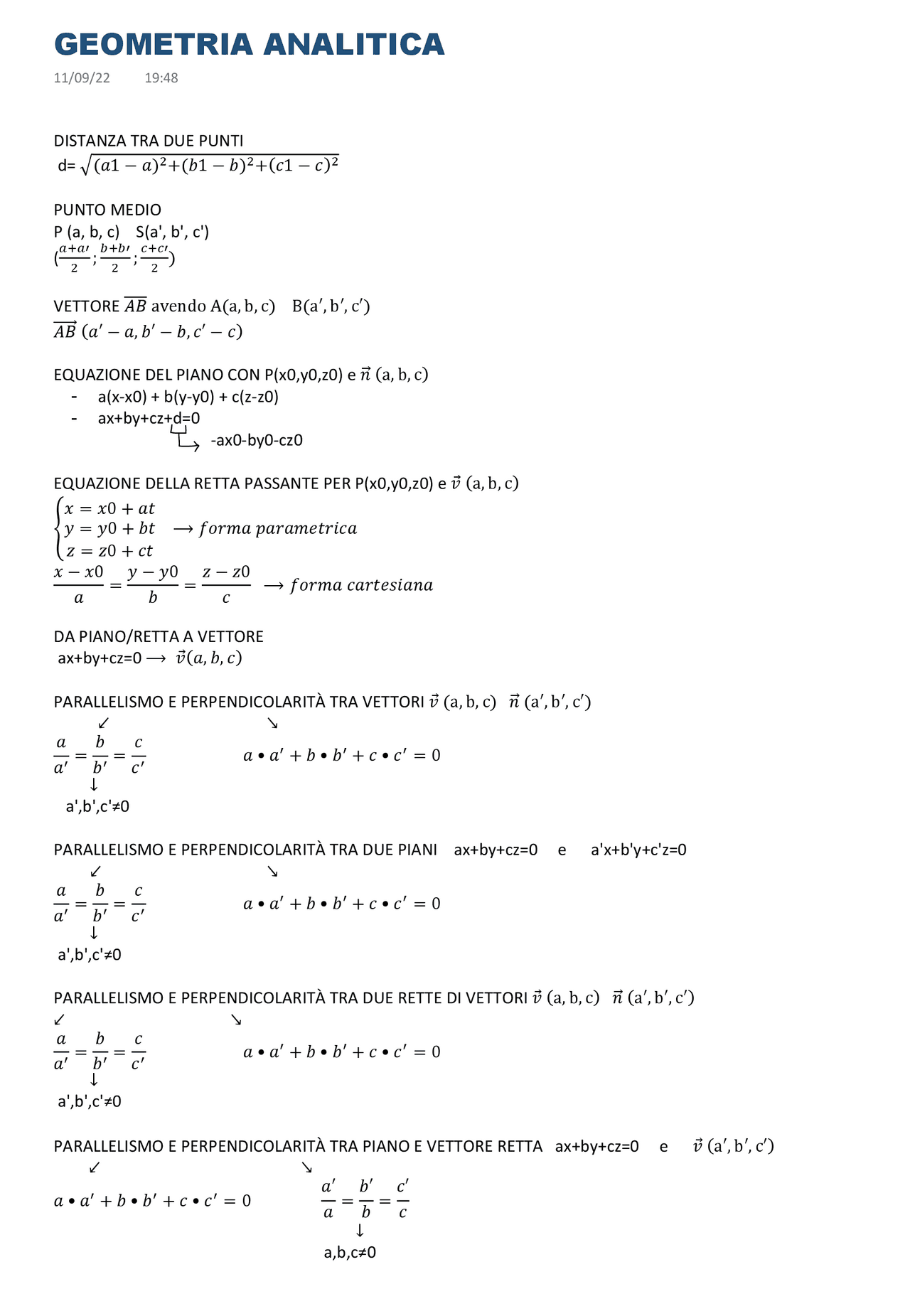 Formule Della Geometria Analitica Appunti Di Matematica Docsity