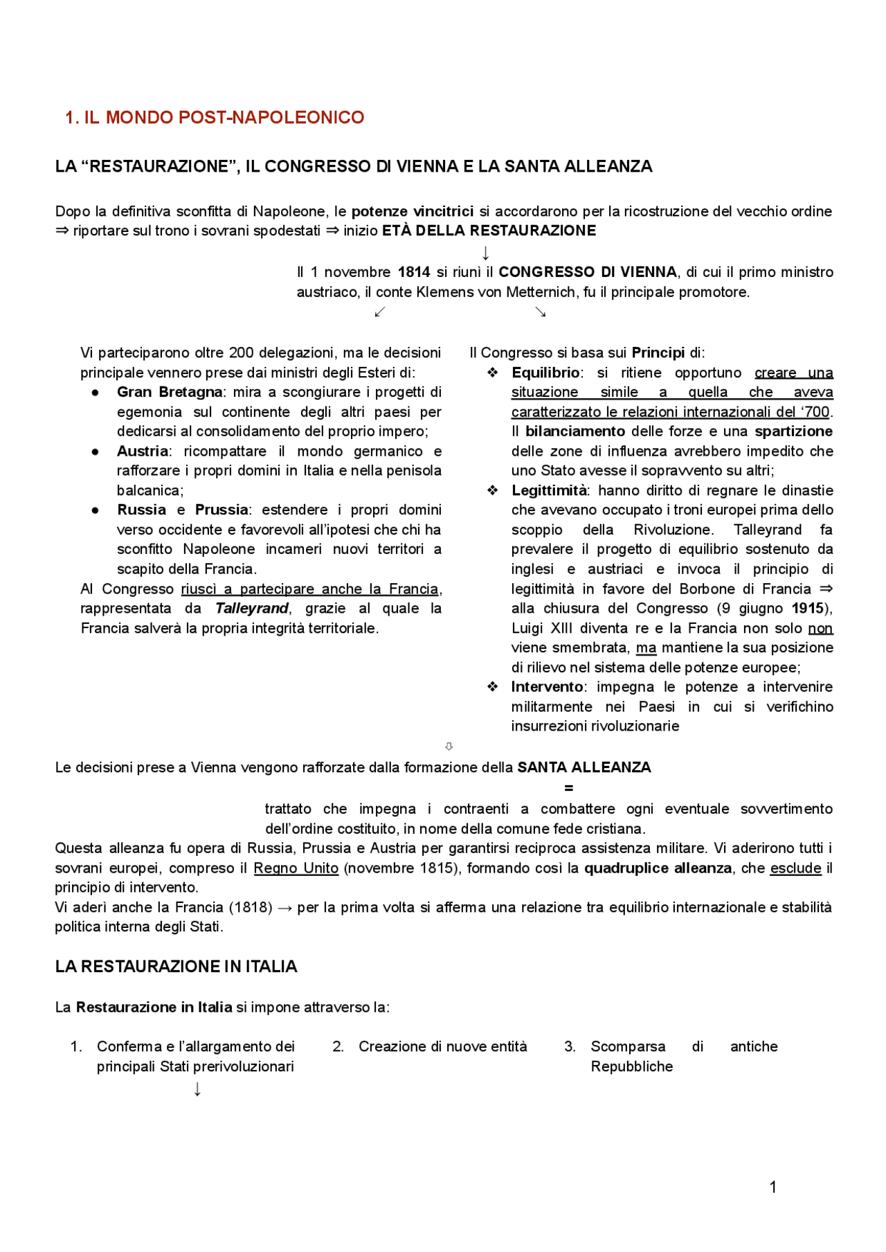 Il mondo post-napoleonico | Schemi e mappe concettuali di Storia Contemporanea | Docsity