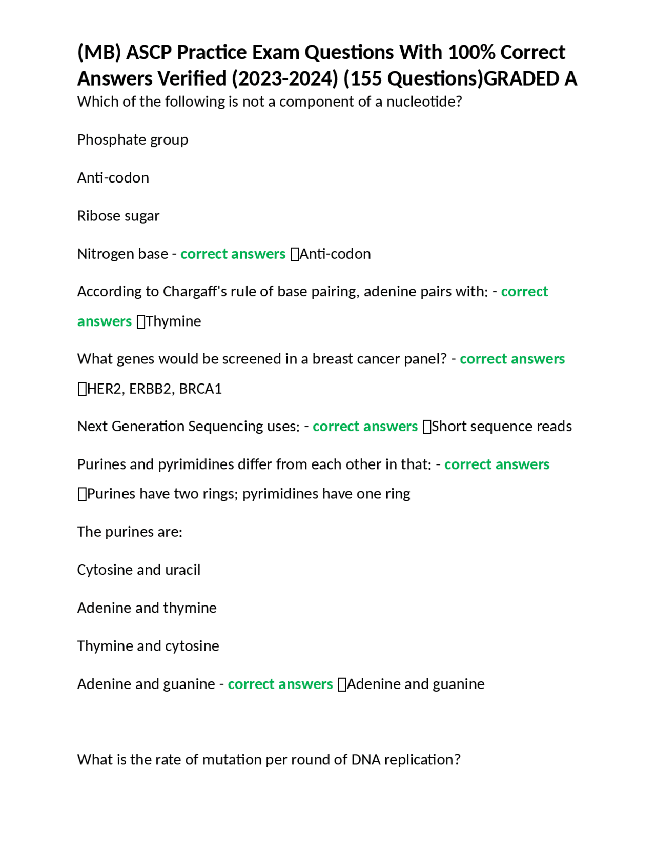 (MB) ASCP Practice Exam Questions With 100% Correct Answers Verified (2023-2024) (155 Ques ...