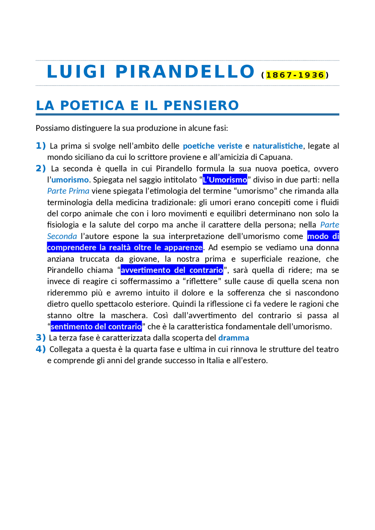 Luigi Pirandello (1867-1936) | Schemi e mappe concettuali di Italiano | Docsity