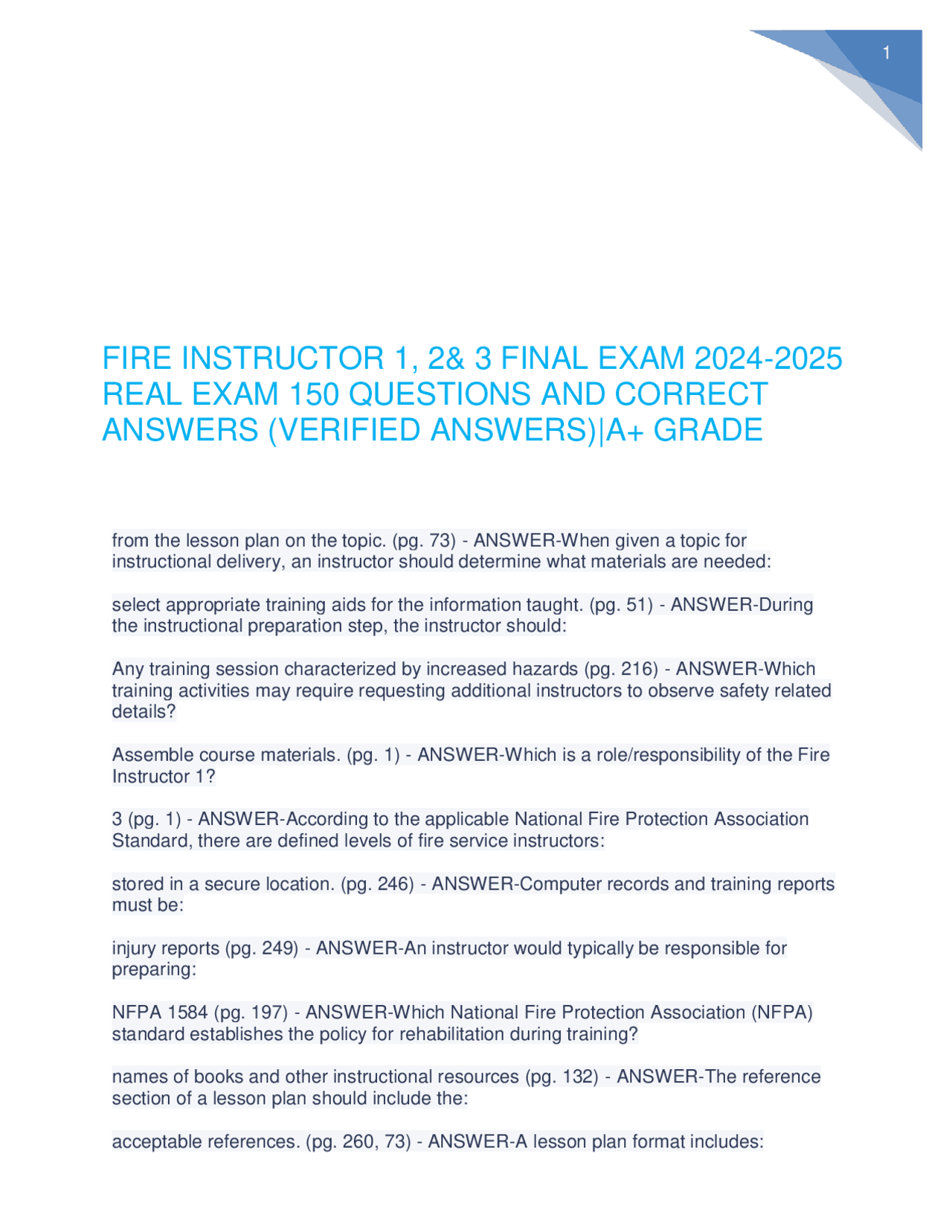 FIRE INSTRUCTOR 1, 2& 3 FINAL EXAM 2024-2025 REAL EXAM 150 QUESTIONS ...