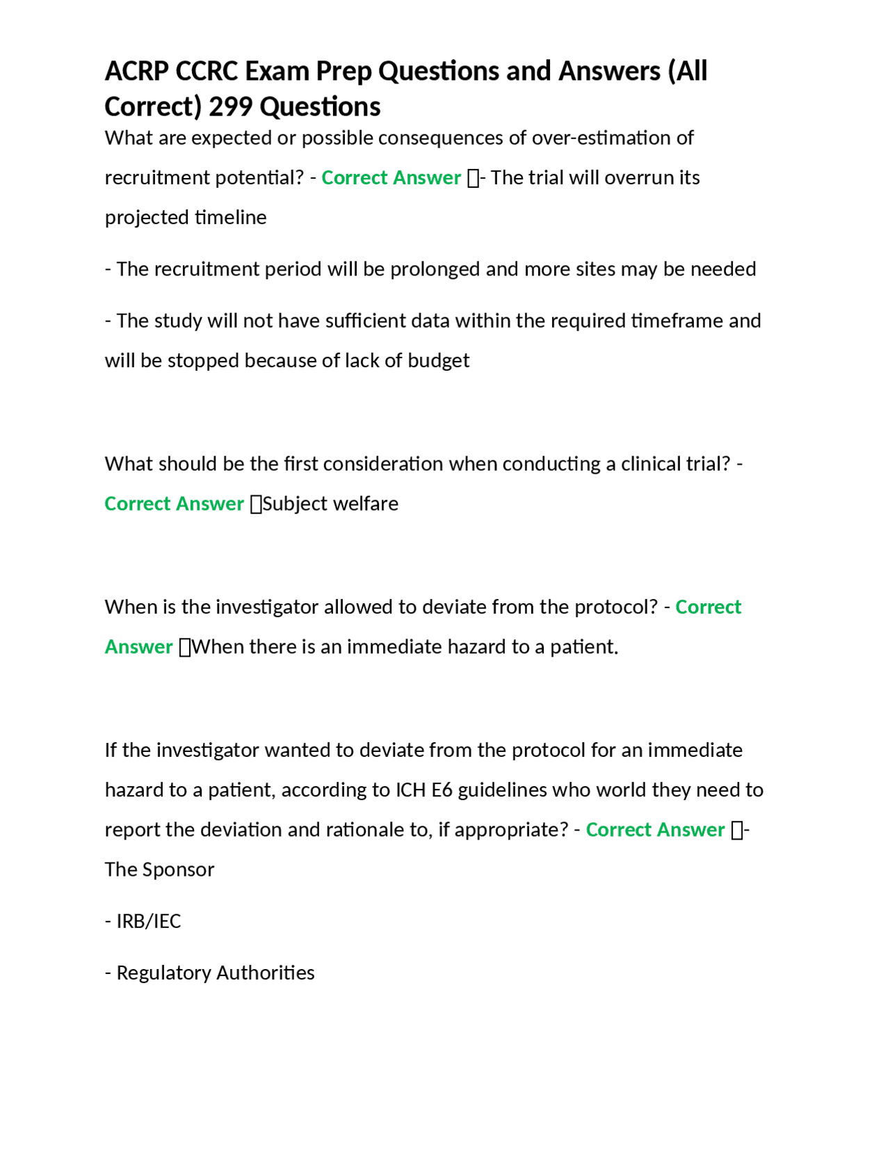 ACRP CCRC Exam Prep Questions and Answers (All Correct) 299 Questions ...