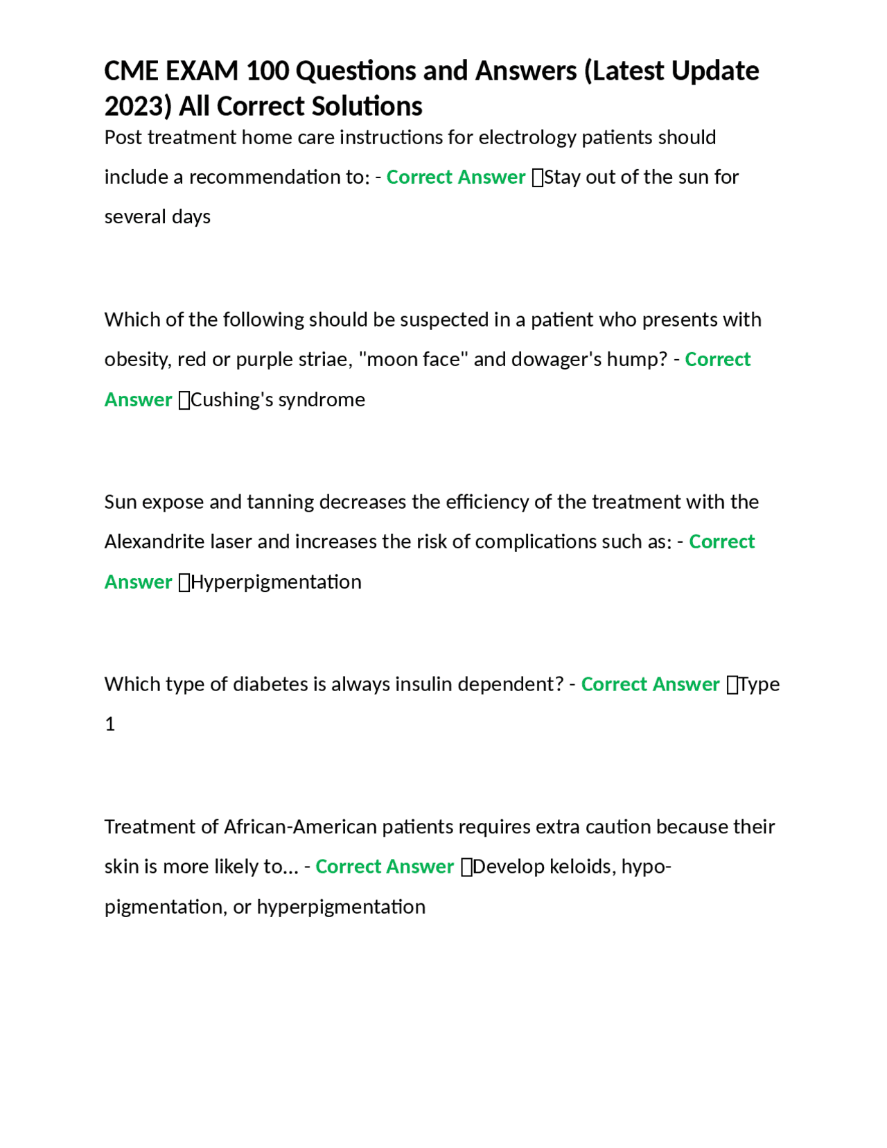 CME Exam 100 Questions and Answers on Electrology | Exams Nursing | Docsity