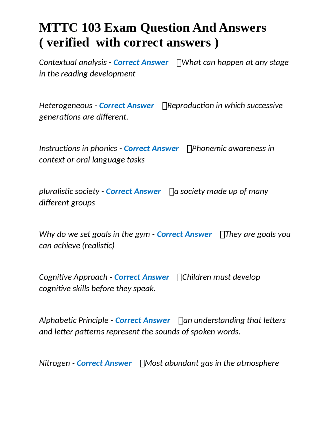 MTTC 103 Exam Question And Answers ( verified with correct answers ...