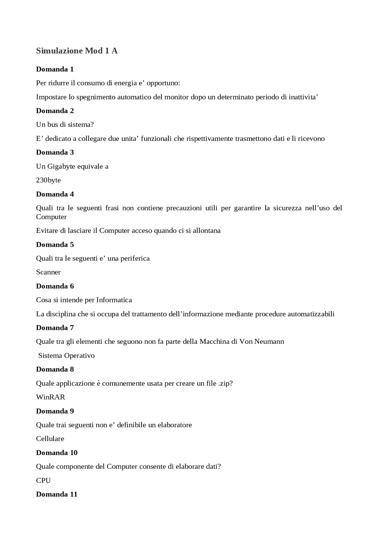 Simulazioni Modulo 1 Corso Eirsaf Full 4.0 | Prove d'esame di Informatica | Docsity